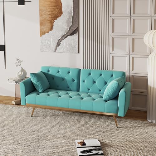 Modern Convertible Tufted Futon Sofa Bed Split Adjustable Backrest Loveseat Sofabed W/Removable Padded Armrests and 2 Pillows for Home Office Apartment RV Studio Living Space/Guest Room