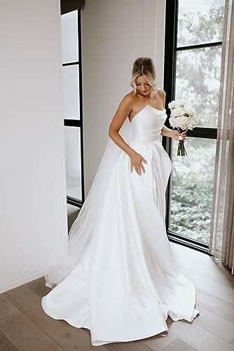 Strapless Wedding Dresses for Bride 2023 Simple Satin Wedding Dress with Slit Ivory Ball Gown for Women Size 14