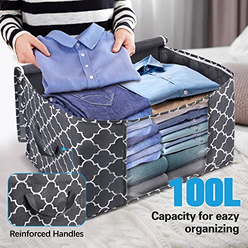 UMEIJA Large Clothes Storage Bags 100L Clothing Storage Organizer Foldable Storage Containers for Comforter Blanket Bedding with Durable Handle, Clear Window, Sturdy Zippers (3 Pack)