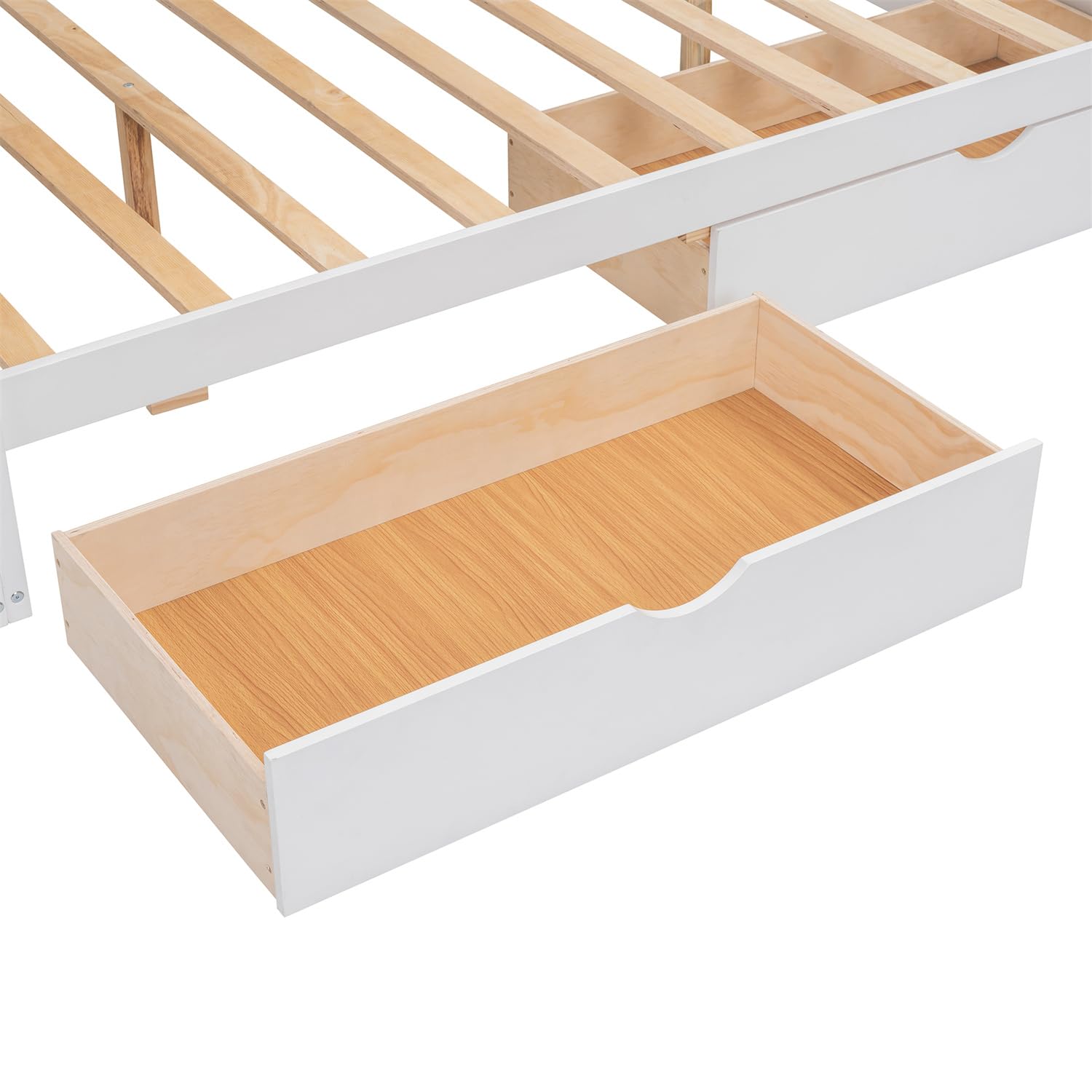 Linique Full Size House Bed with Wardrobe, Storage Drawers and Bookshelf, Solid Wood Bed Frame with Tent, White