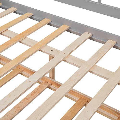 Merax Full Size Daybed Wood Bedframe with Twin Size Trundle and Guardrail for Girs and Boys Bedroom
