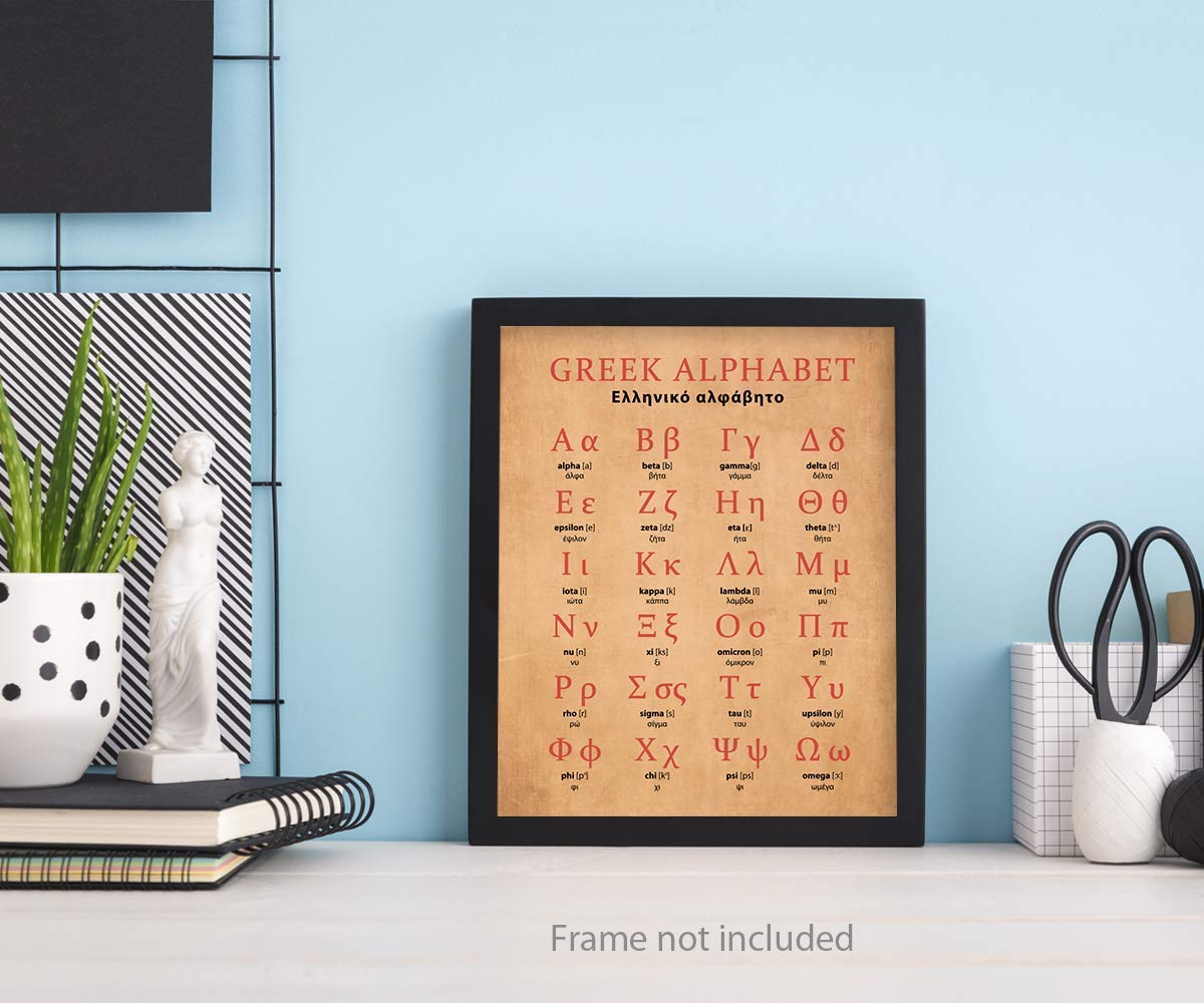 Greek Alphabet Poster - Unframed 8x10 in - School Picture with Motivational Message - Education Kids Room Decor and Positive Signs Wall Art