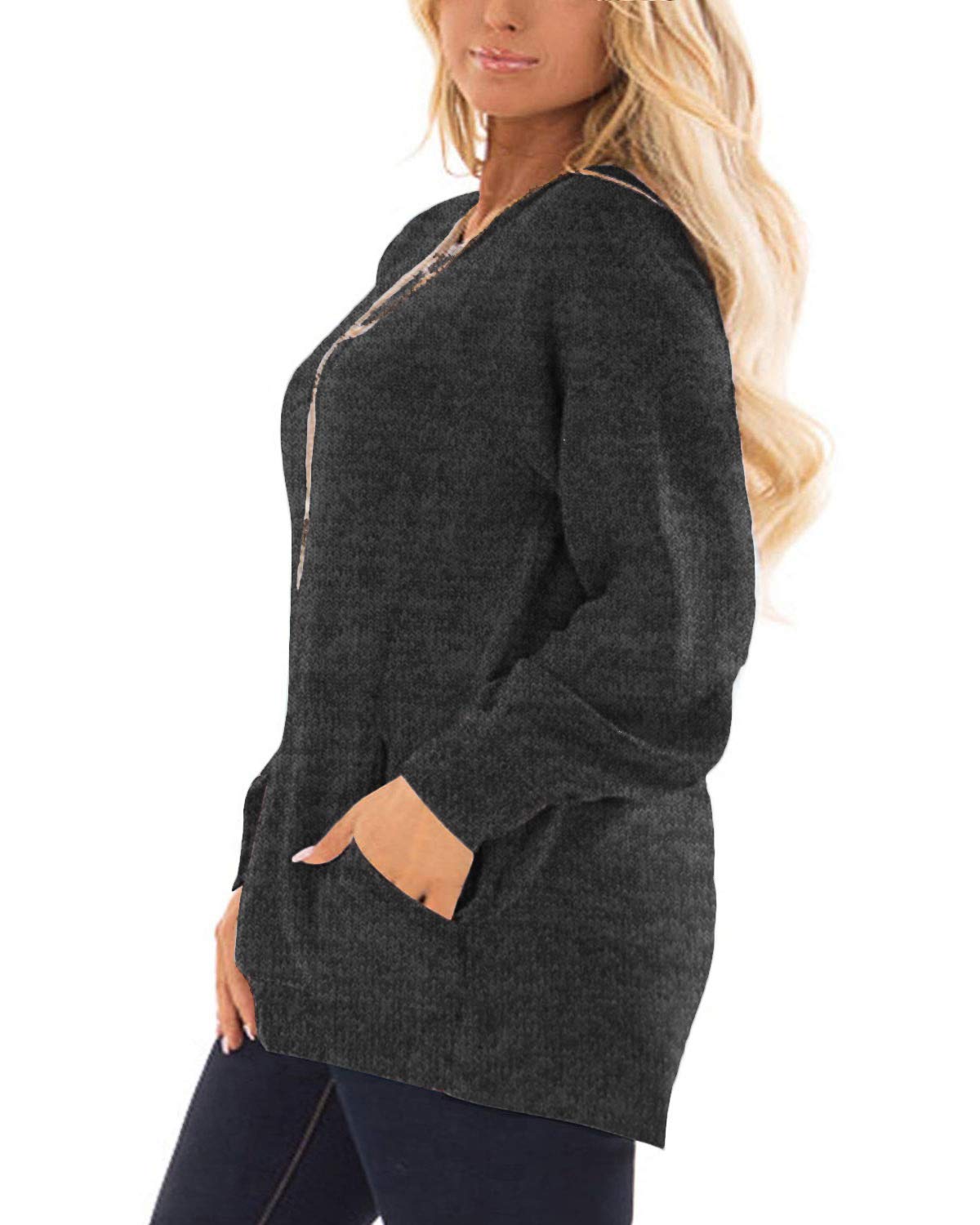 DOLNINE Women's Plus Size Sweatshirts Long Sleeve Tops Pocket T-Shirts Charcoal Grey-28W