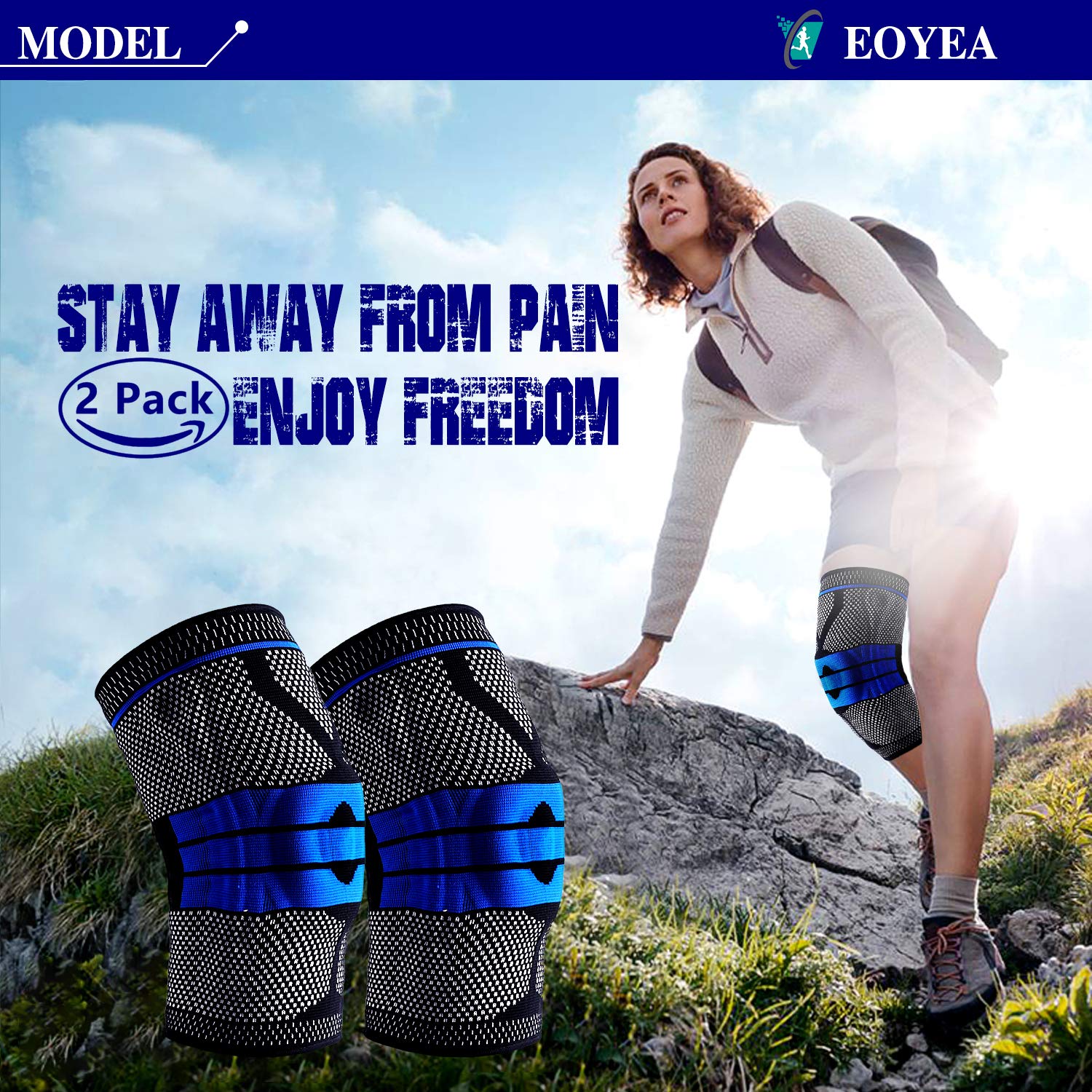EOYEA Knee Brace Compression Sleeve for Knee Pain, Knee Brace Wraps Stabilizer with Silicone Gel & Spring Support, Knee Protector for Meniscus Tear Running for Men Women 2 pack (Blue,X-Large)