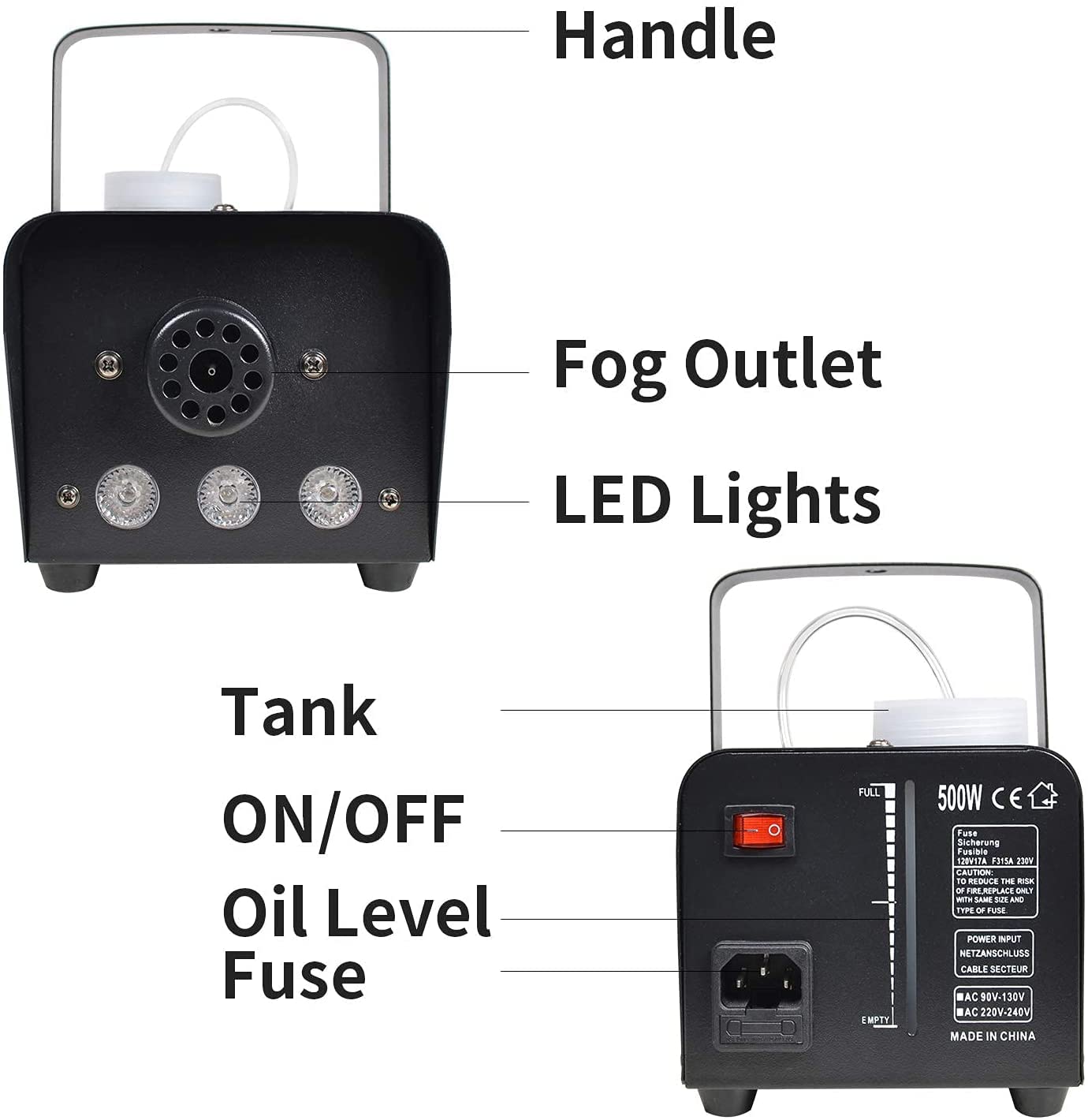 Fog Machine 500W Smoke Machine Controllable RGB LED Light and 2000 CFM Huge Fog with Wireless and Wired Remote Control for Halloween, Christmas, Wedding, Parties, DJ Performance, Stage Show