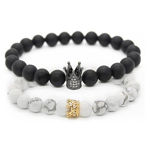 EnjoIt Couple Distance Bracelet Diffuser Beads Crown Queen Bracelets Matte Agate & White Howlite Lava Stone (Adjustable Black Crown2)