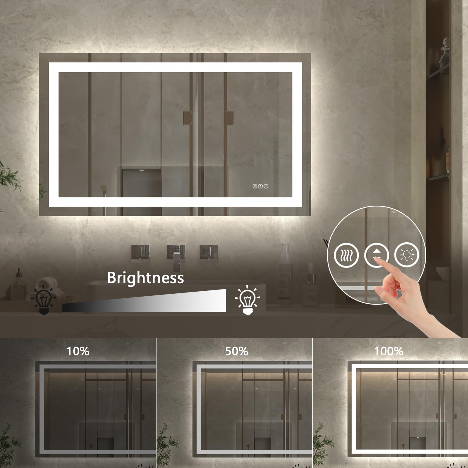 ExBrite 40x24 Inches LED Bathroom Lighted Mirror,Wall Mounted Mirror,Anti Fog,Dimmable,Dual Lighting Mode,Tempered Glass
