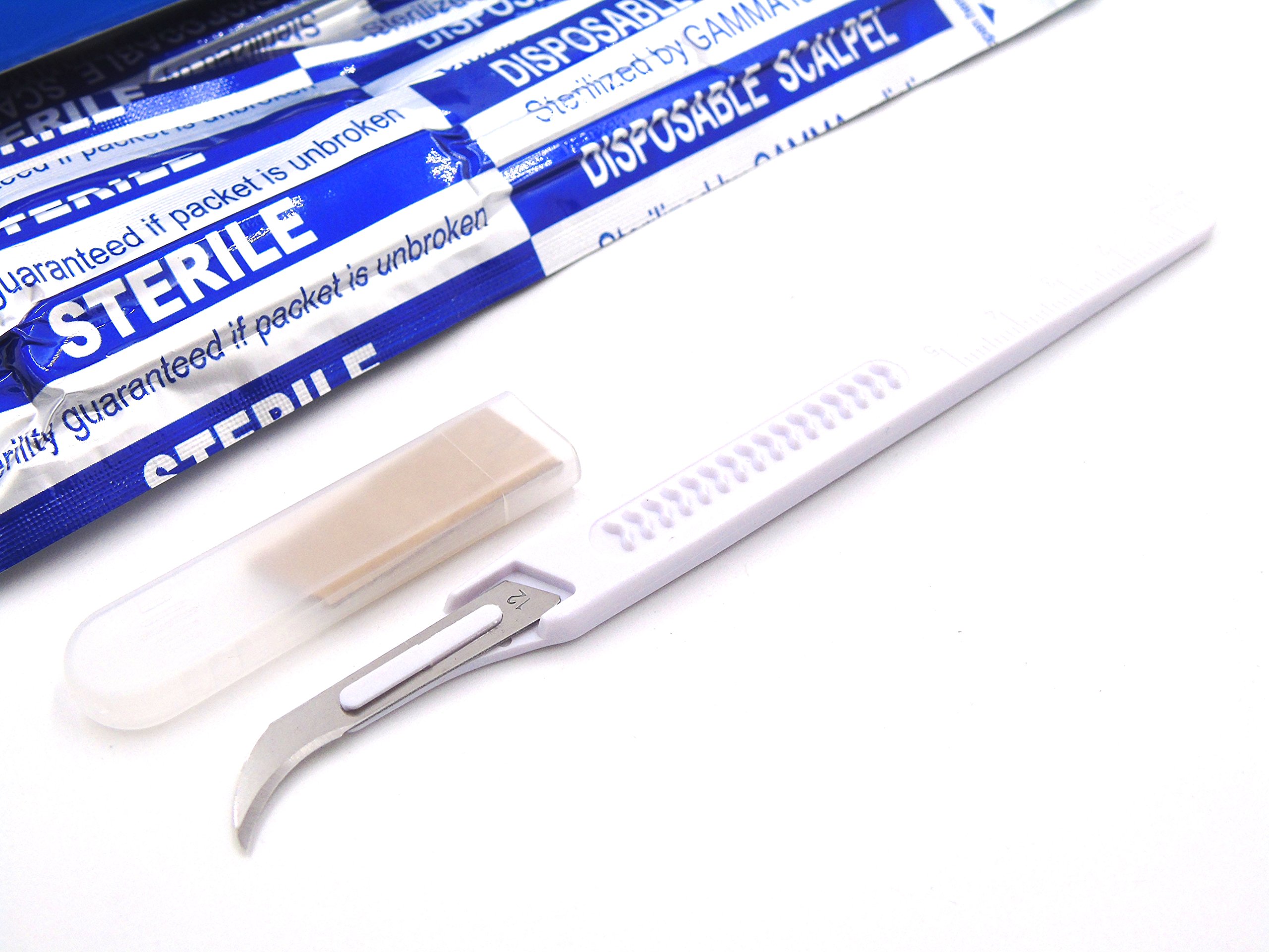 Disposable Scalpels High-Carbon Steel Blades, Plastic Graduated Handle, Sterile, Individually Foil Wrapped, Box of 10 (Disposable Scalpel #12)