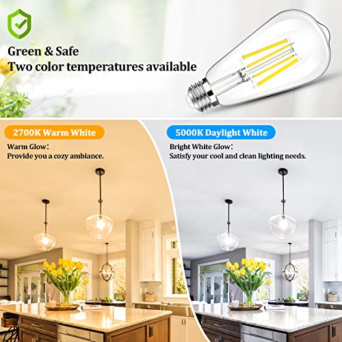 Odnora Dimmable E26 LED Bulbs 60W Equivalent 6W 850 Lumens Vintage LED Edison Bulbs, ST58 5000K Daylight White Edison Light Bulbs, Antique LED Filament Bulb with Clear Glass, 4 Packs