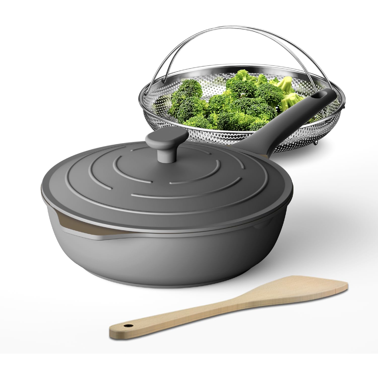 LIGTSPCE Always Nonstick Multipurpose Saute pan,All-in-One Pan,Large Skillet with Strainer,Deep Frying Pan with Lid(11-inch), PFOA Free non stick chef’s pan,Dishwasher and Oven Safe (Slate)