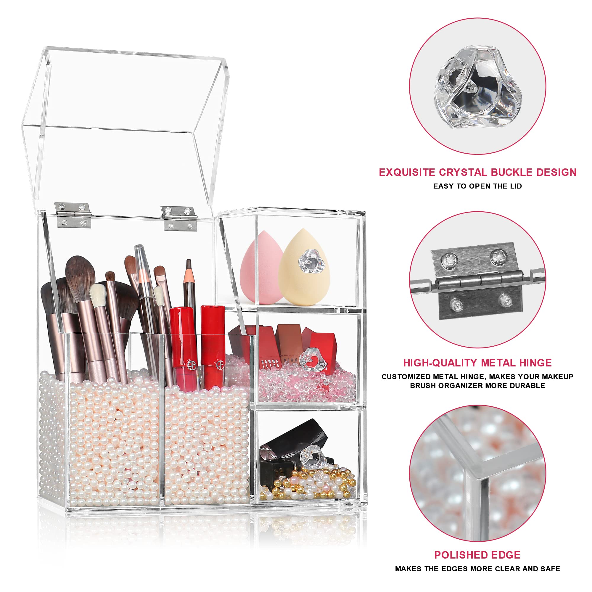 weddingwish Makeup Brush Holder with 3 drawers, Acrylic Makeup Organizer, Covered Costmetic Storage Box with Pink Beads,Heavy-Duty Acrylic, Bathroom Cosmetics Storage System…