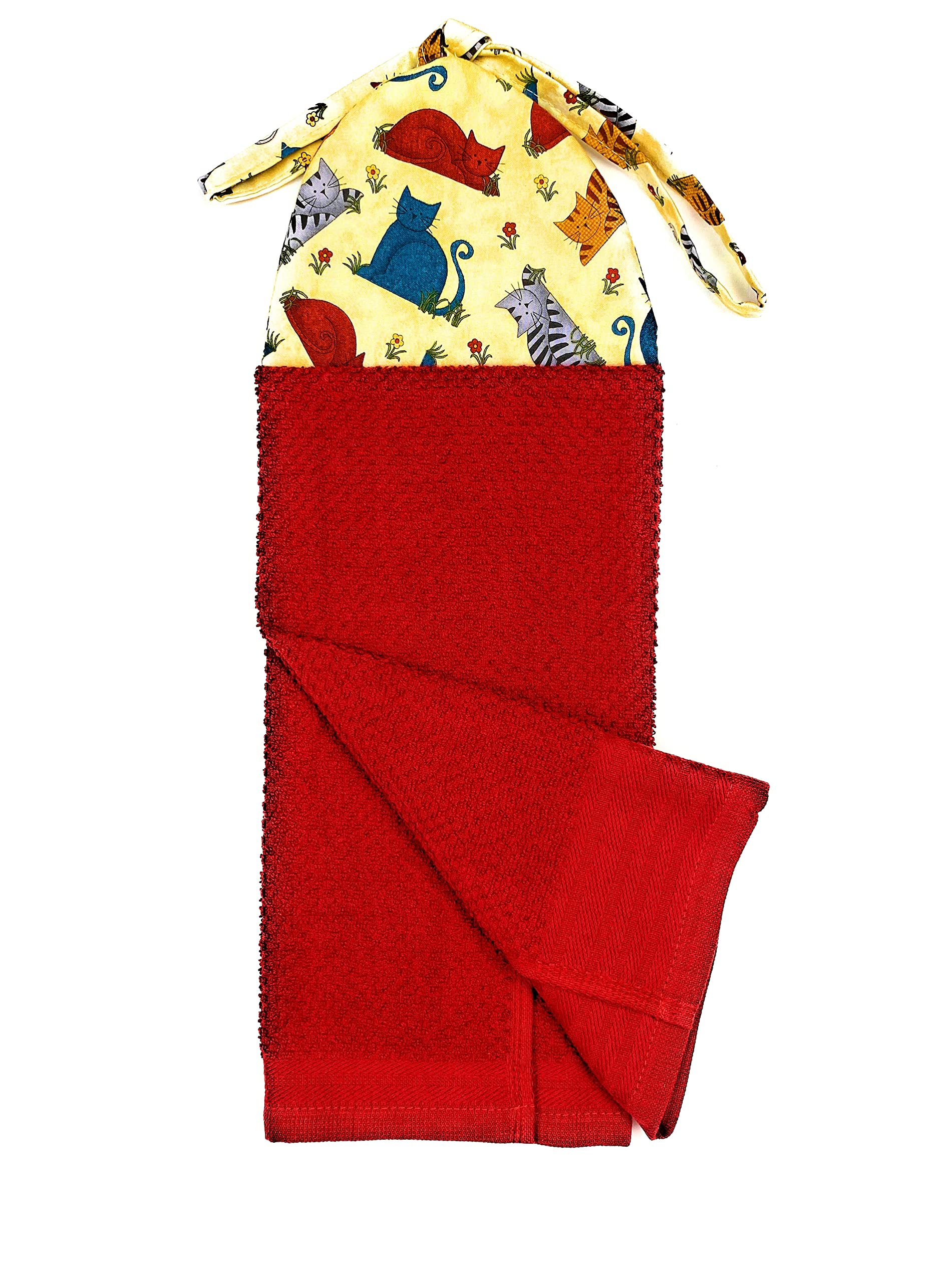 Happy Colorful Tossed Cats Kittens Ties On Stays Put Kitchen Bathroom Hanging Loop Hand Dish Towel Gift for Cat Kitten Lovers She Who Sews Towels