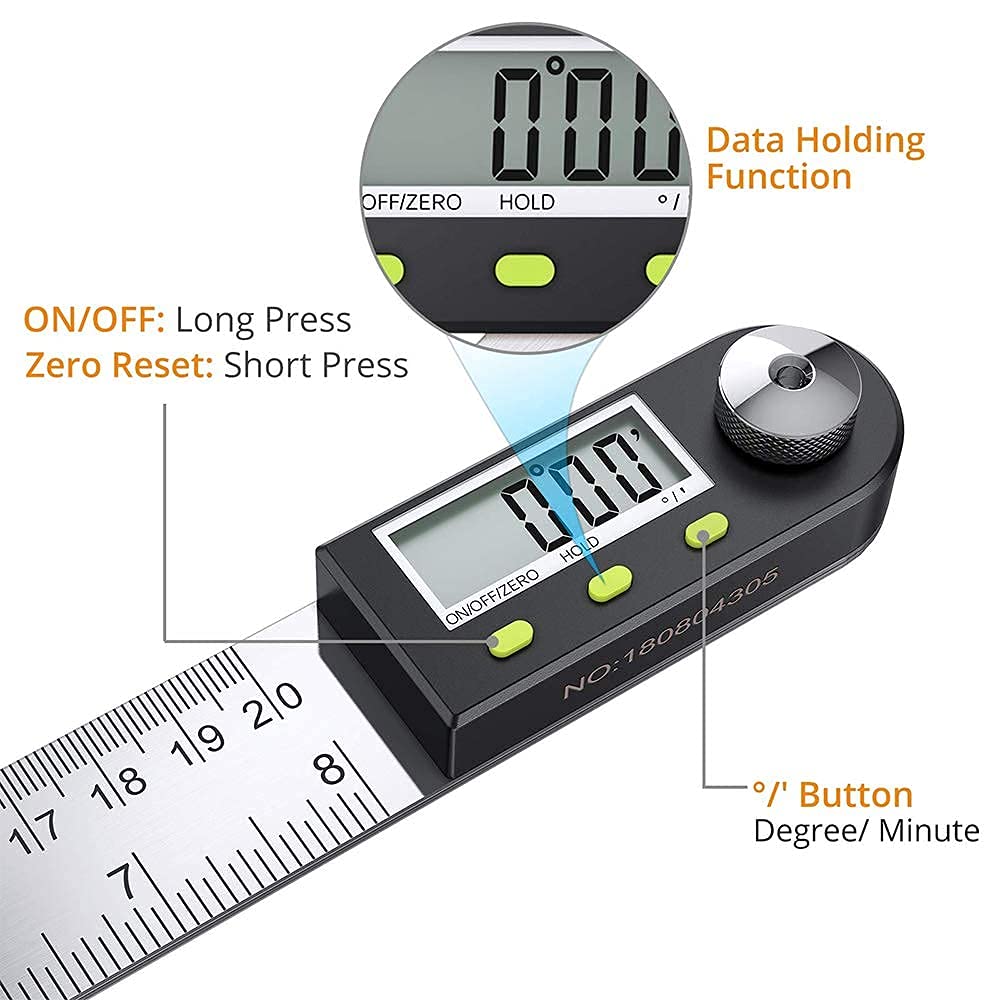 DuvinDD Digital Angle Finder Ruler, 2-in-1 360°Angle Measuring Tool 8 inch/200mm Digital Protractor with Zeroing and Locking Functions for Woodworking, Stainless Steel Angle Ruler