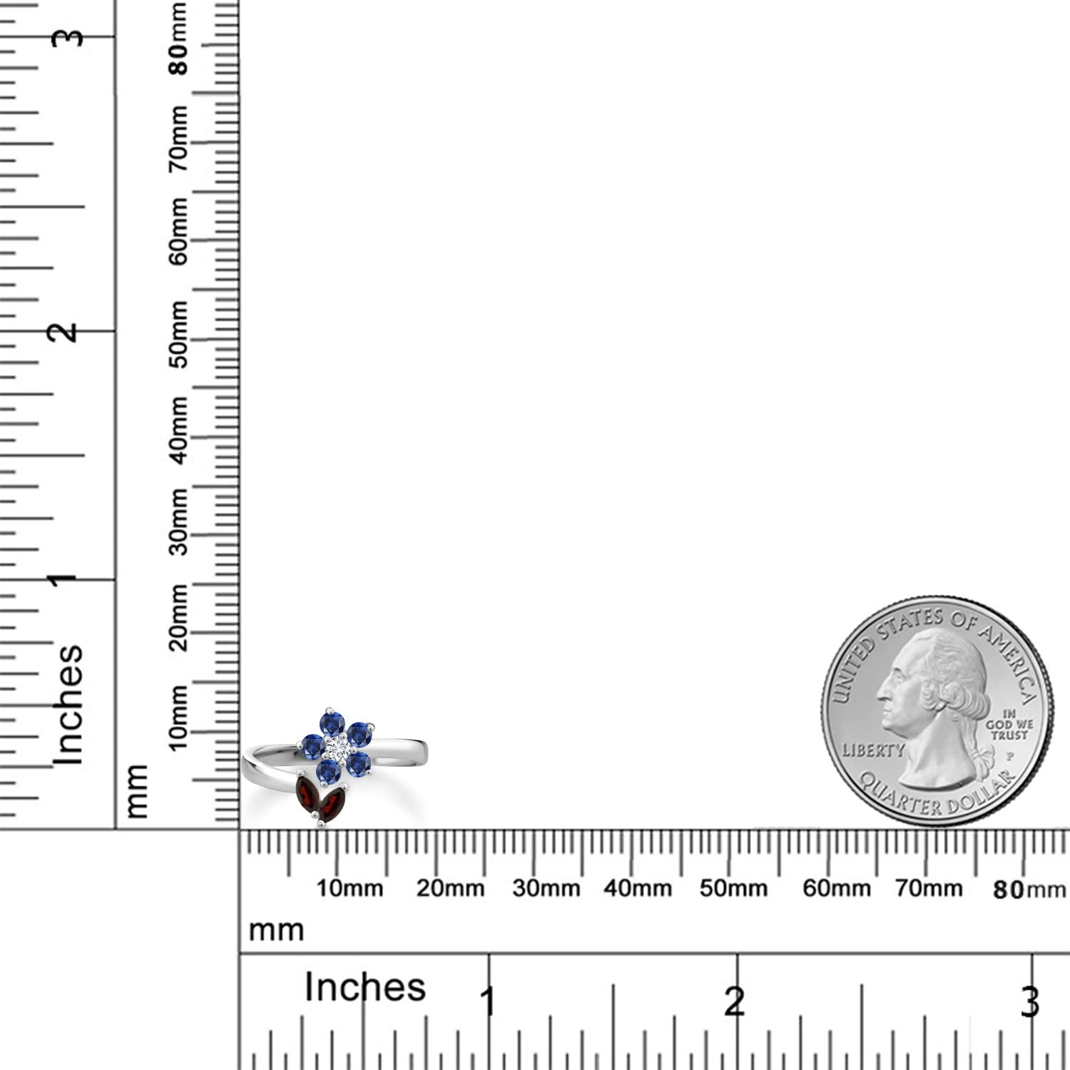 Gem Stone King 925 Sterling Silver Red Garnet Blue Created Sapphire and White Lab Grown Diamond Flower Open Ring For Women (0.72 Cttw, Gemstone January Birthstone, Available In Size 5, 6, 7, 8, 9)