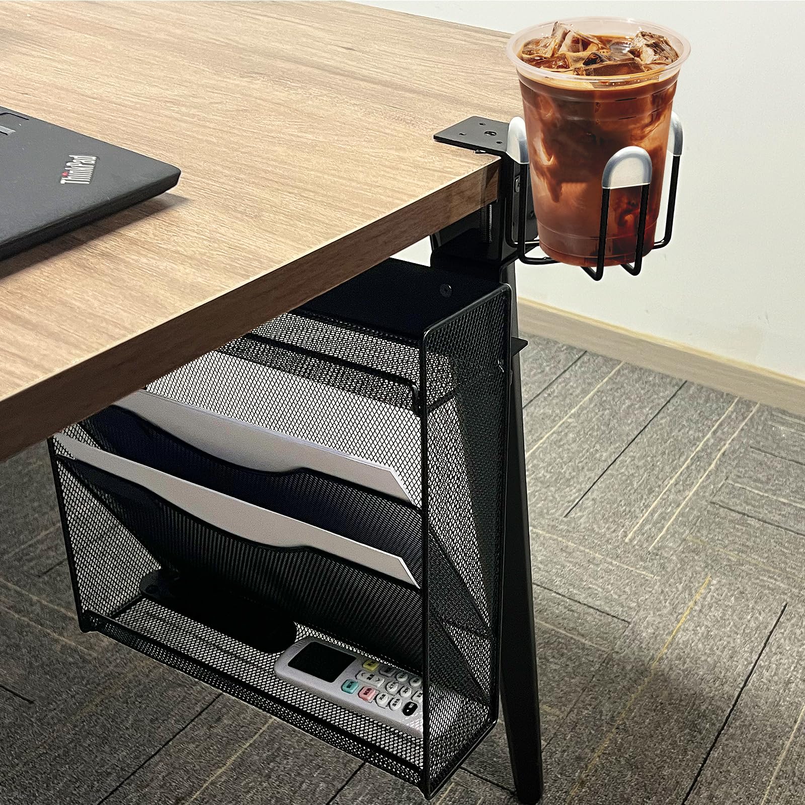 FIROK Rotating Under Desk File Holder with Cup Holder, Clamp on Under Table Drawer Hanging Desk Organizer desk shelf, Metal Document Folder Desk side storage for Office Supplies &Home Essentials