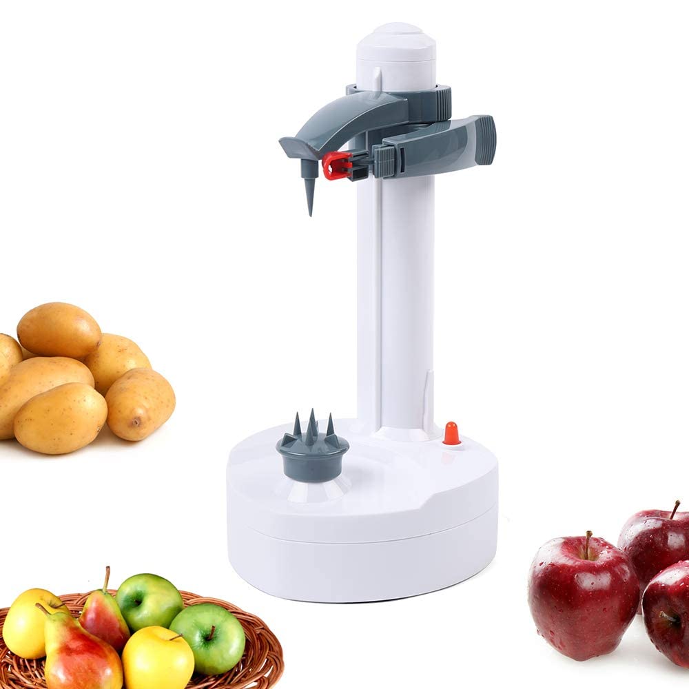 Electric Household Rotating Fruit Vegetable Peeler, White Multifunctional Electric Automatic Peeler Stainless Steel Electric Potato Peeler Machine Apple Paring Machine Kitchen Peeling Tool