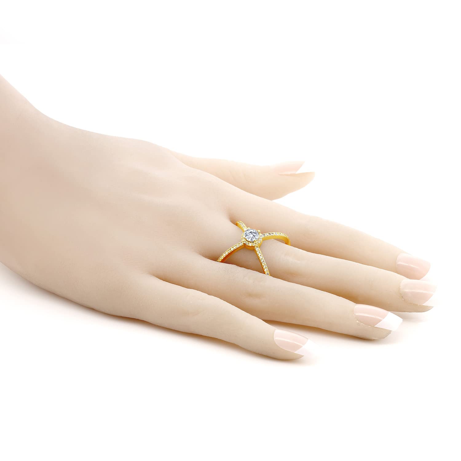 Gem Stone King 18K Yellow Gold Plated Silver Criss Cross X Ring Set with Moissanite (1.32 Cttw) (Size 7)