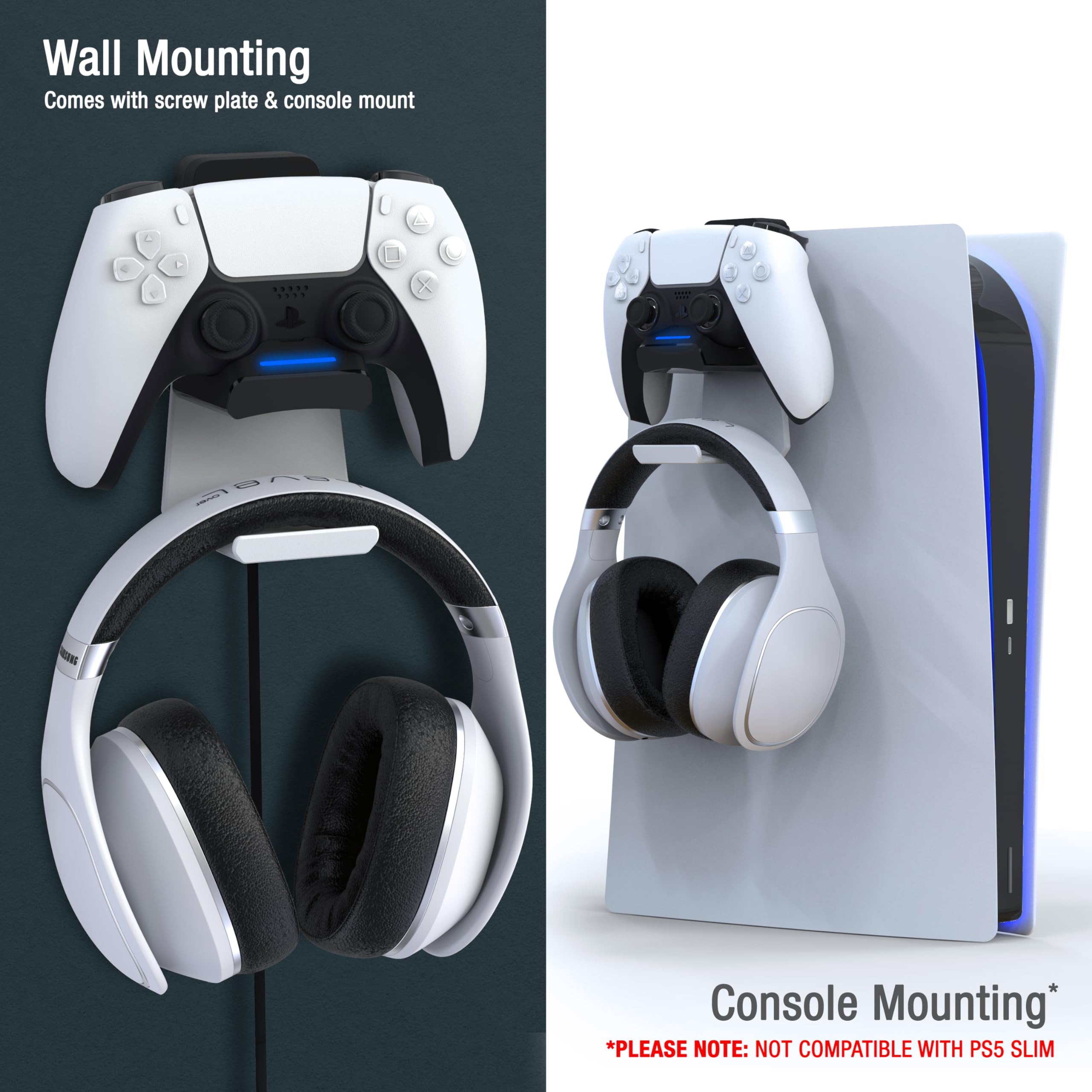 Foamy Lizard PS5 Controller Charger Console and Wall Mount for Playstation 5 DualSense Fast Charging Station Hanging Dock, Headphone Hook, LED Indicator, Overcharge Protection (PS5 White+Black)