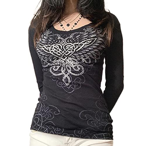 Women Vintage Floral Print Crop Top Long Sleeve Y2k Tshirt Slim Fit Blouse Tee 90s E-Girl Streetwear(B Wings ,S)