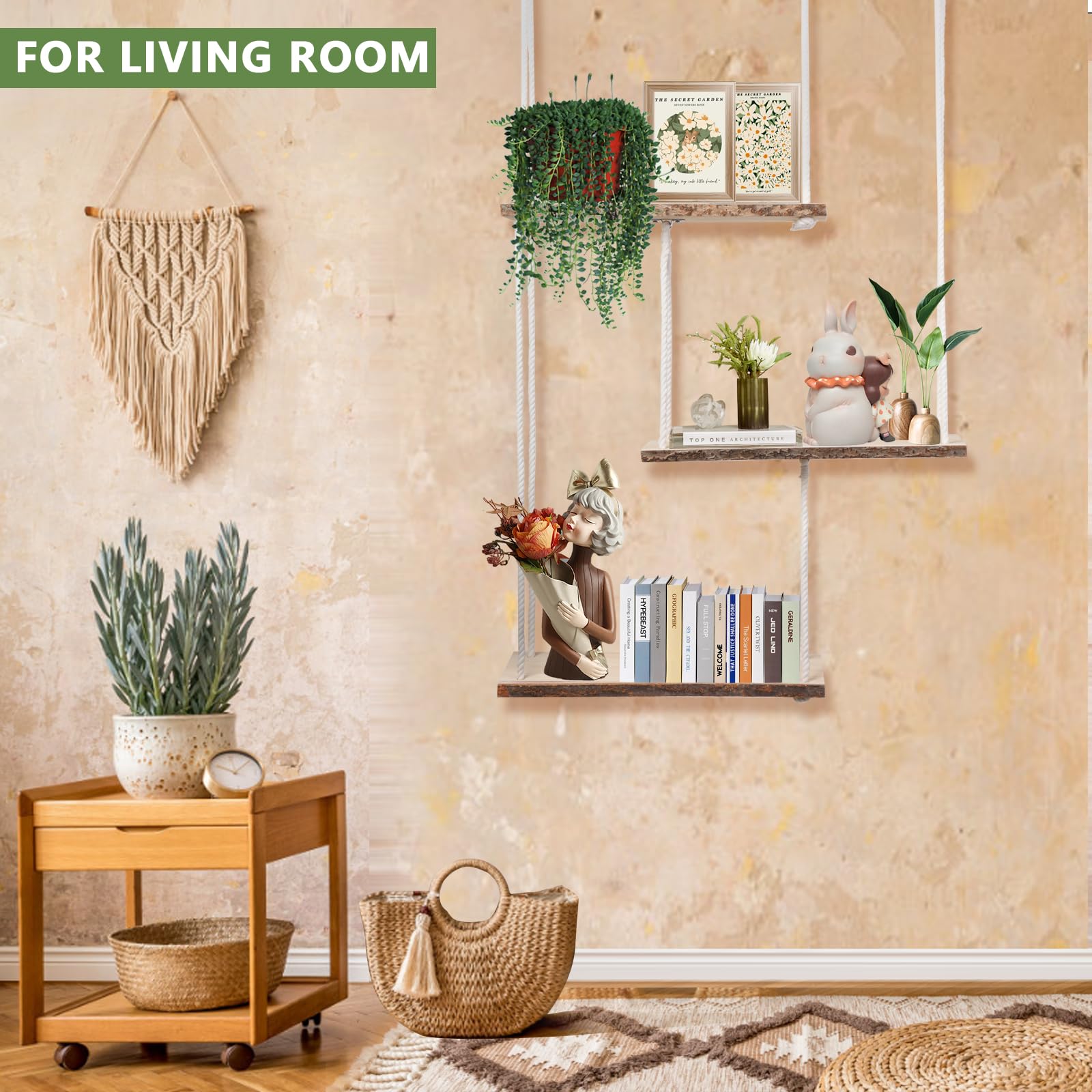 OriCre Floating Shelves Boho Wall Shelves 3 Tier Rustic Wood Hanging Shelves Adjustable Rope Shelf for Boho Aesthetic Room Decor Bedroom/Living Room/Bathroom/Kitchen/Corner/Plant,Book,Décor