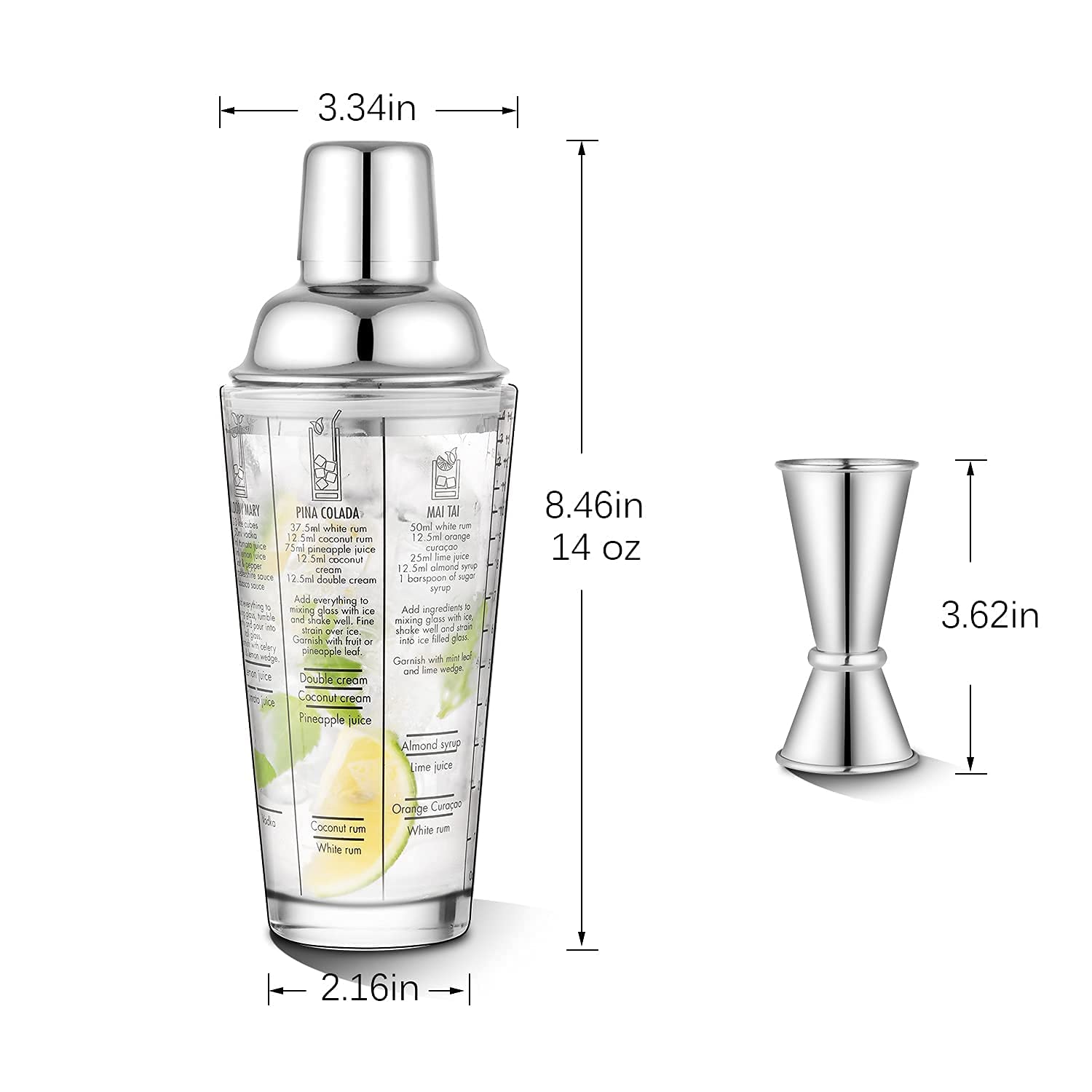 Glass Cocktail Shaker Printed with Recipes,14 oz Martini Shaker with Double Measuring Jigger,18/8 Grade Stainless Steel Mixing Shaker,Leak-Proof Lid,Drink Shaker,Bartender Kit Gifts.
