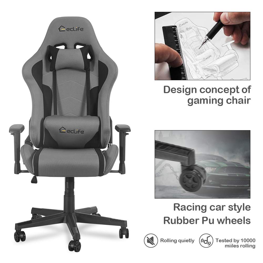 eclife Gaming Chair Ergonomic Racing Office Chair, Composite Linen Recliner, Computer Desk Chair,W/Massage Lumbar Support,Headrest Armrest,Rocking 360 Swivel Task Chair, 350 lbs