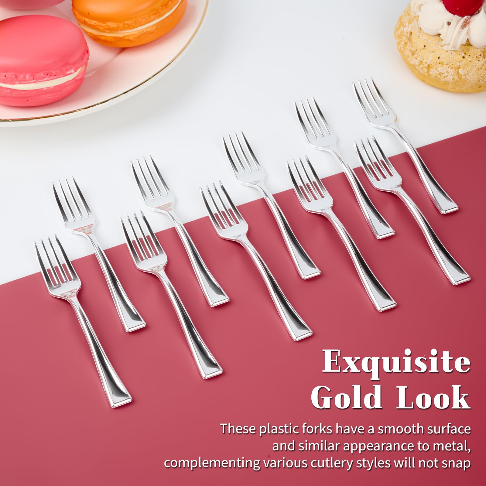 Kucoele 100 Pack Silver Mini Plastic Forks, 4 Inches Disposable Small Appetizer Forks Tiny Tasting Forks for Desserts, Strawberries, Charcuterie, Cake Pops, Cocktails, Fruits