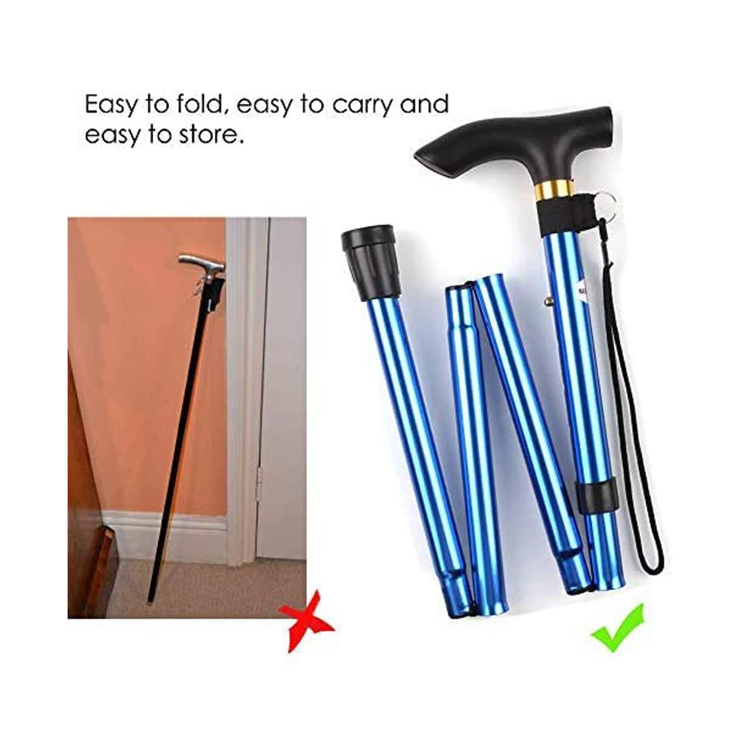 Folding Walking Stick, 32~36 Inch Adjustable Cane Aluminum Metal Collapsible Ergonomic Handle Lightweight Quick Locks Trail Poles for Hiking Trekking Travel (Blue)