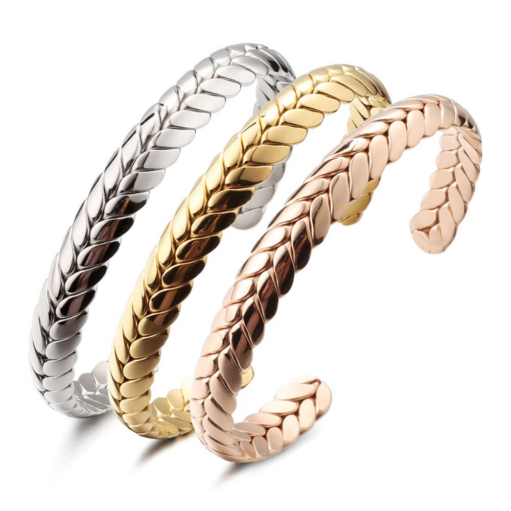 Dorriss Wide Open Cuff Bracelet, Stainless Steel Adjustable Wheat Bracelets, Weave Style Bangle Elegant Wrap Jewelry for Women, Men, Couples