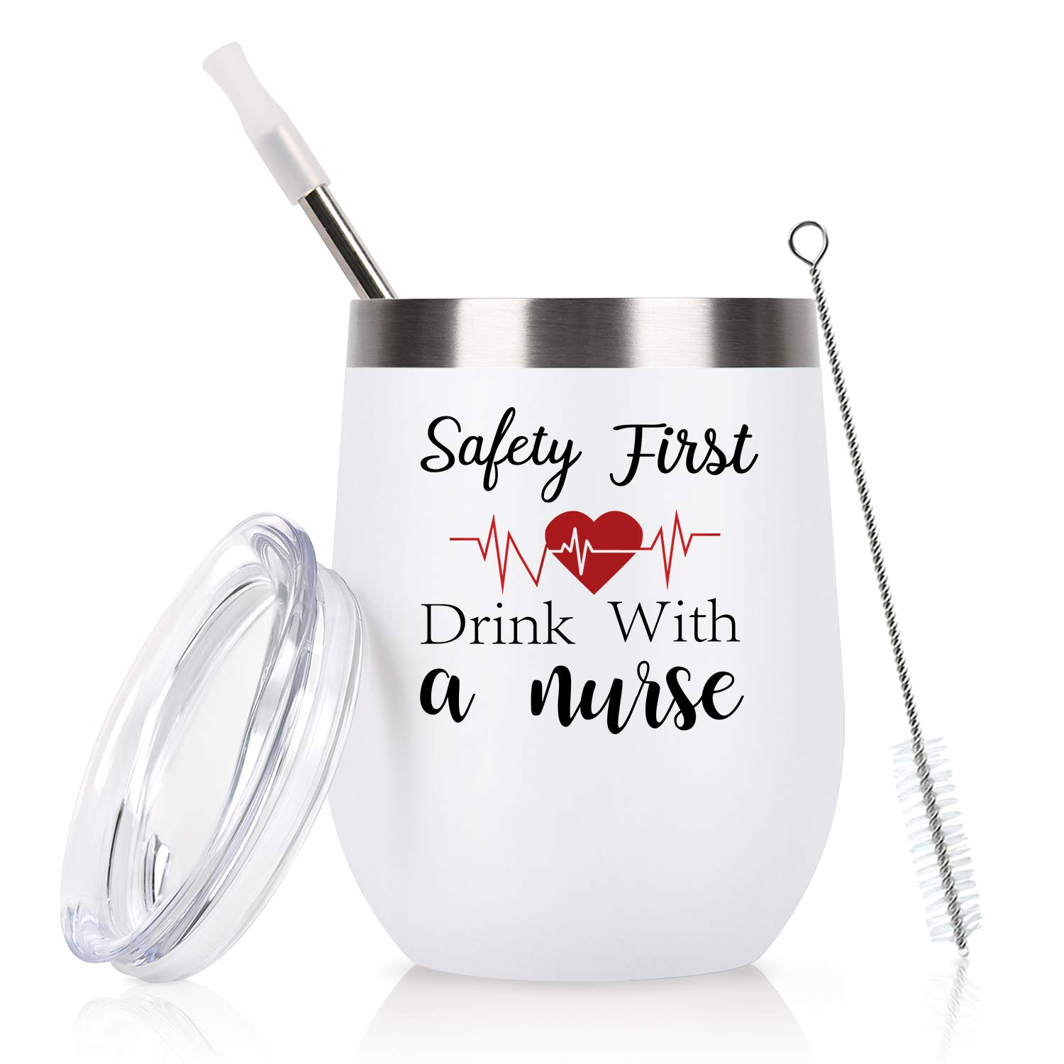 GINGPROUS Safety First Drink with a Nurse Wine Tumbler, Nurse Birthday Idea for Nurse New Nurse Doctor Nurse's Day, 12 Oz Funny Stainless Steel Stemless Wine Tumbler with Lid and Straw, White