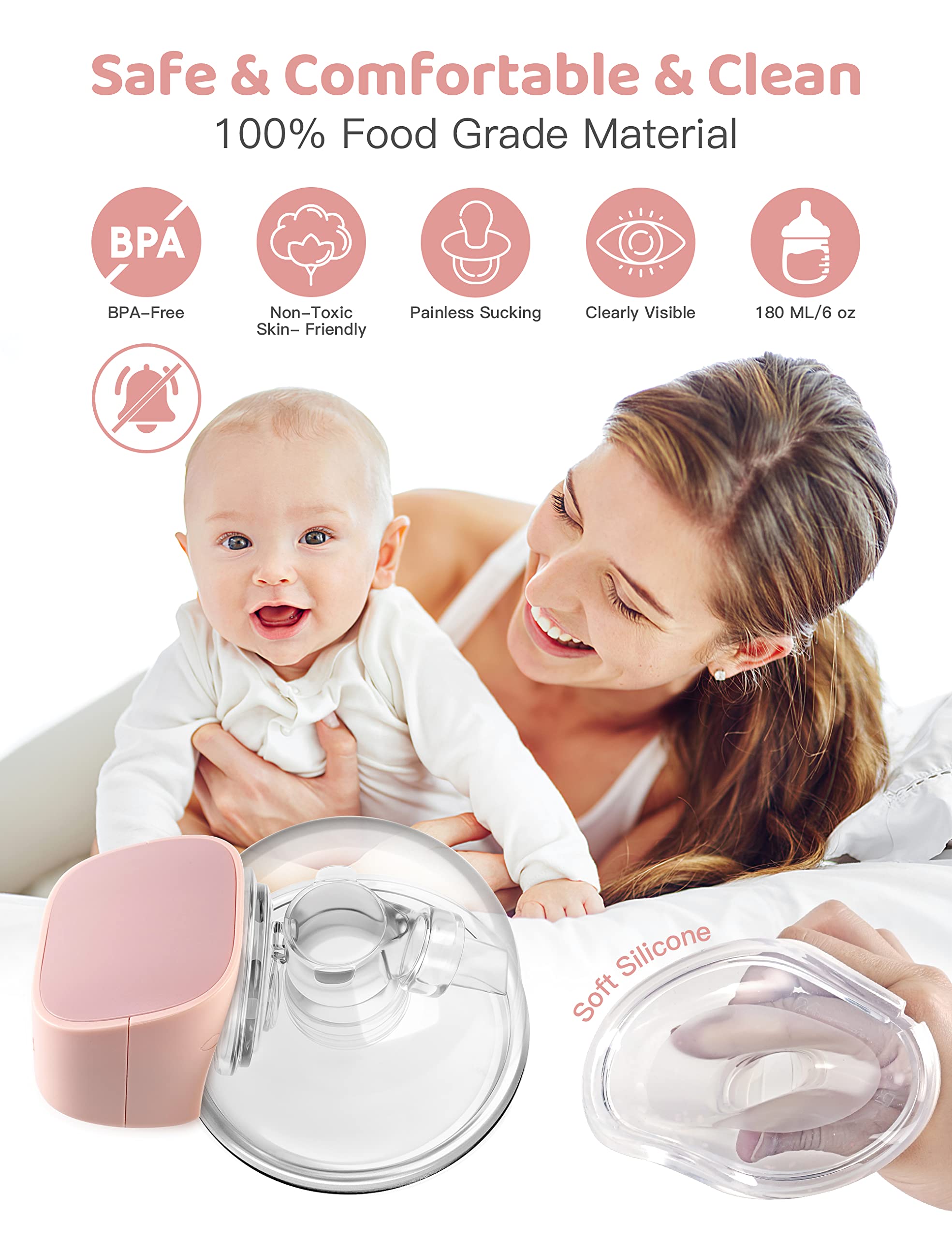 Kompoll Wearable Breast Pump Portable Electric Hands-Free Breast Pump with 2 Mode & 5 Levels, Wireless Worn in-Bra Painless Breastfeeding, Pink
