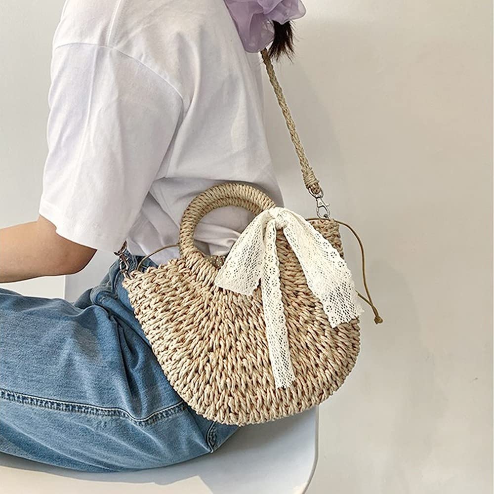 DONGKER Straw Beach Bag,Beach Weave Shoulder handbag with Round Ring Handle for Women Beach Vacation