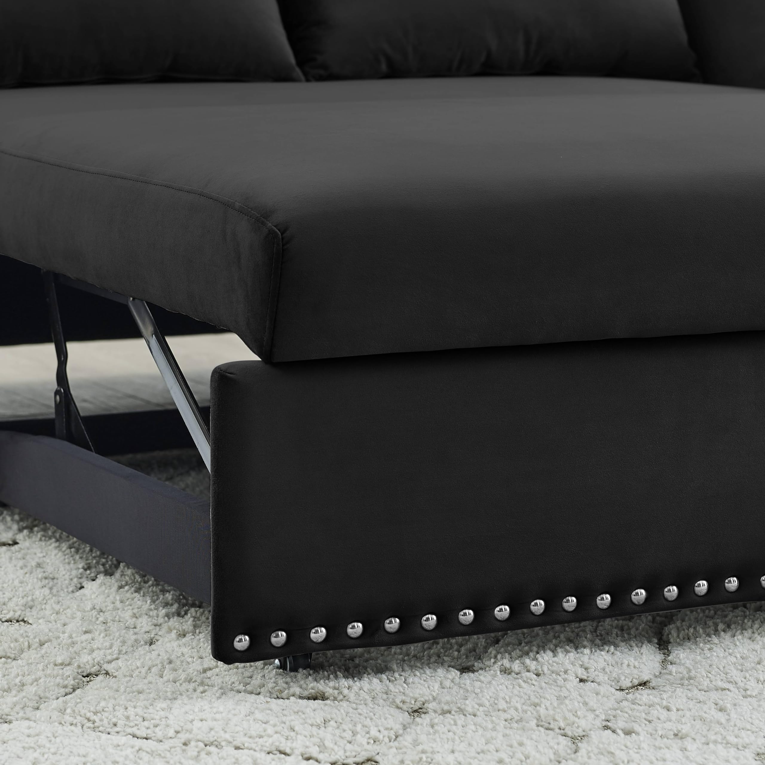 Mofolit Convertible Modern Sleeper Sofa Bed w/USB Port, 3-in-1 Adjustable Sleeper Sofa Couch w/Pull-Out Bed, Pillows & Side Pocket, Velvet for Living Room,Apartment,Small Space 55.5“(Black)