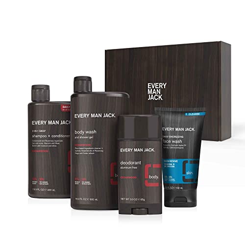 Every Man Jack Cedarwood Body Gift Set - Bath & Body Routine with Woodsy Cedarwood Scent - Body Wash, 2-in-1 Shampoo, Deodorant & Face Wash