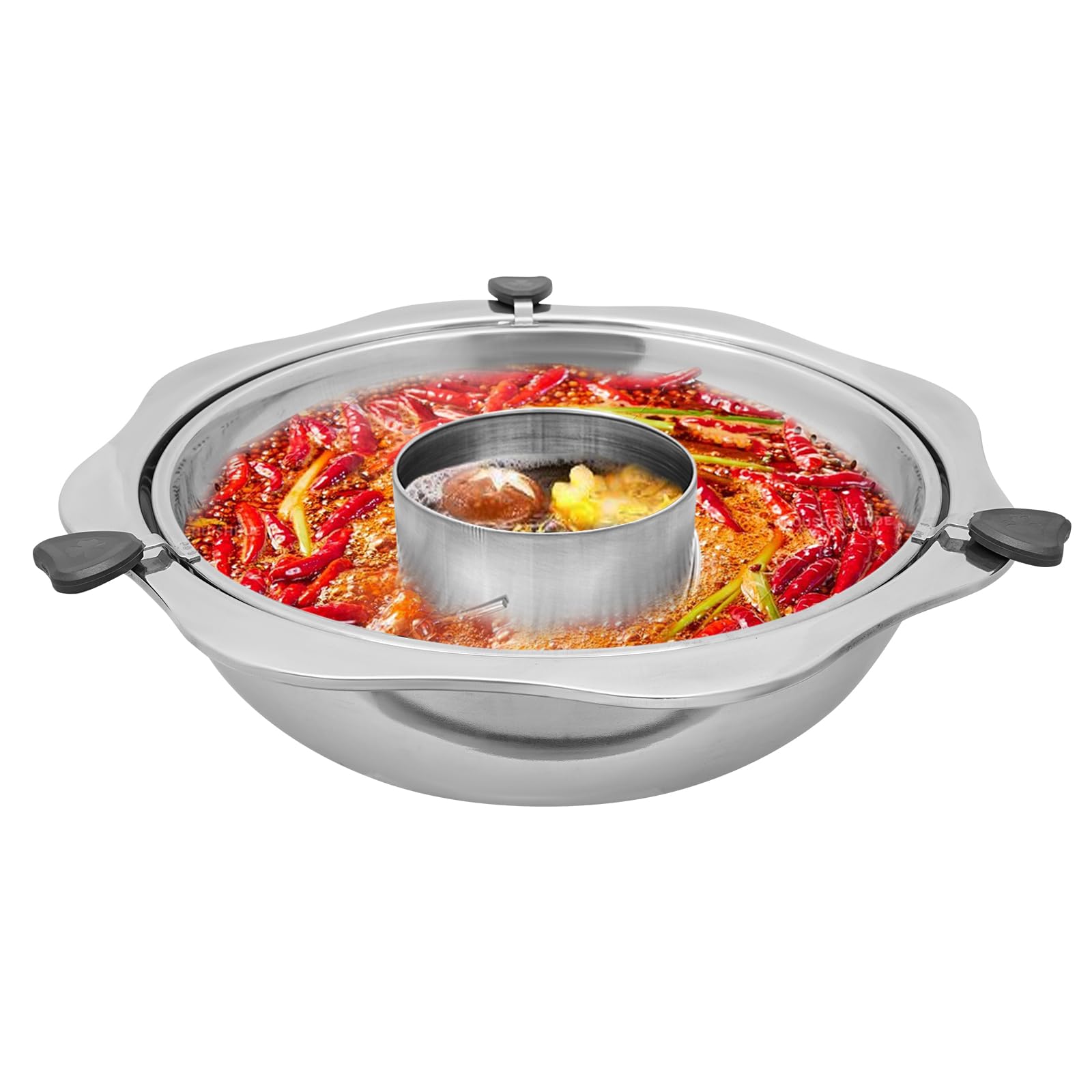 Leblett Stainless Steel Shabu Shabu Hot Pot And Filter Grid Combo,14β Inner Dia Large Lifting Hot Pot W/Lifting Strainer,Fit Induction Cooktop Gas Stove Ceramic Stove,for 8-12 Persons(w/Small Pot,A)