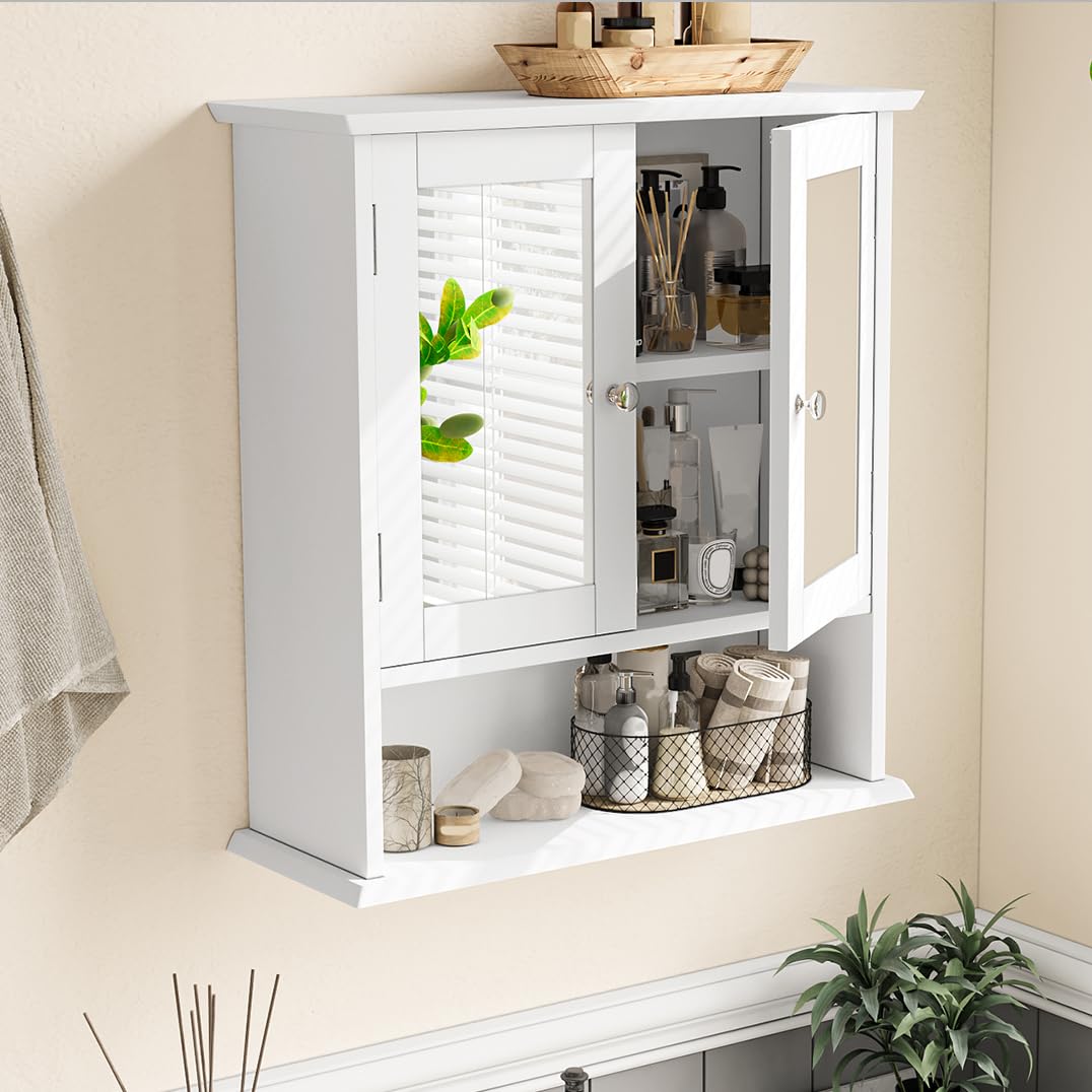 Mino Kesper Bathroom Wall Cabinet with Mirror, White Bathroom Cabinet with 2 Doors and Adjustable Shelf, Wall Mounted, 21.5" W x 7.8" D x 23.6" H