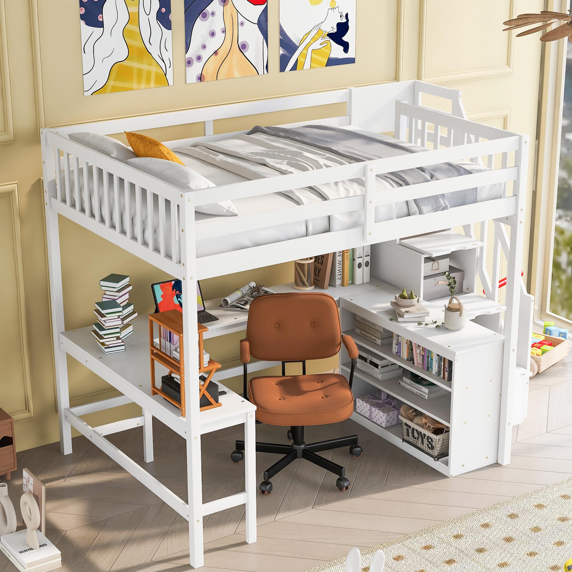 Merax Wood Full Size Loft Bed Frame with Built-in L Shaped Desk & 3 Storage Shelves & Attached Storage Stairs for Kids, No Box Spring Needed, White
