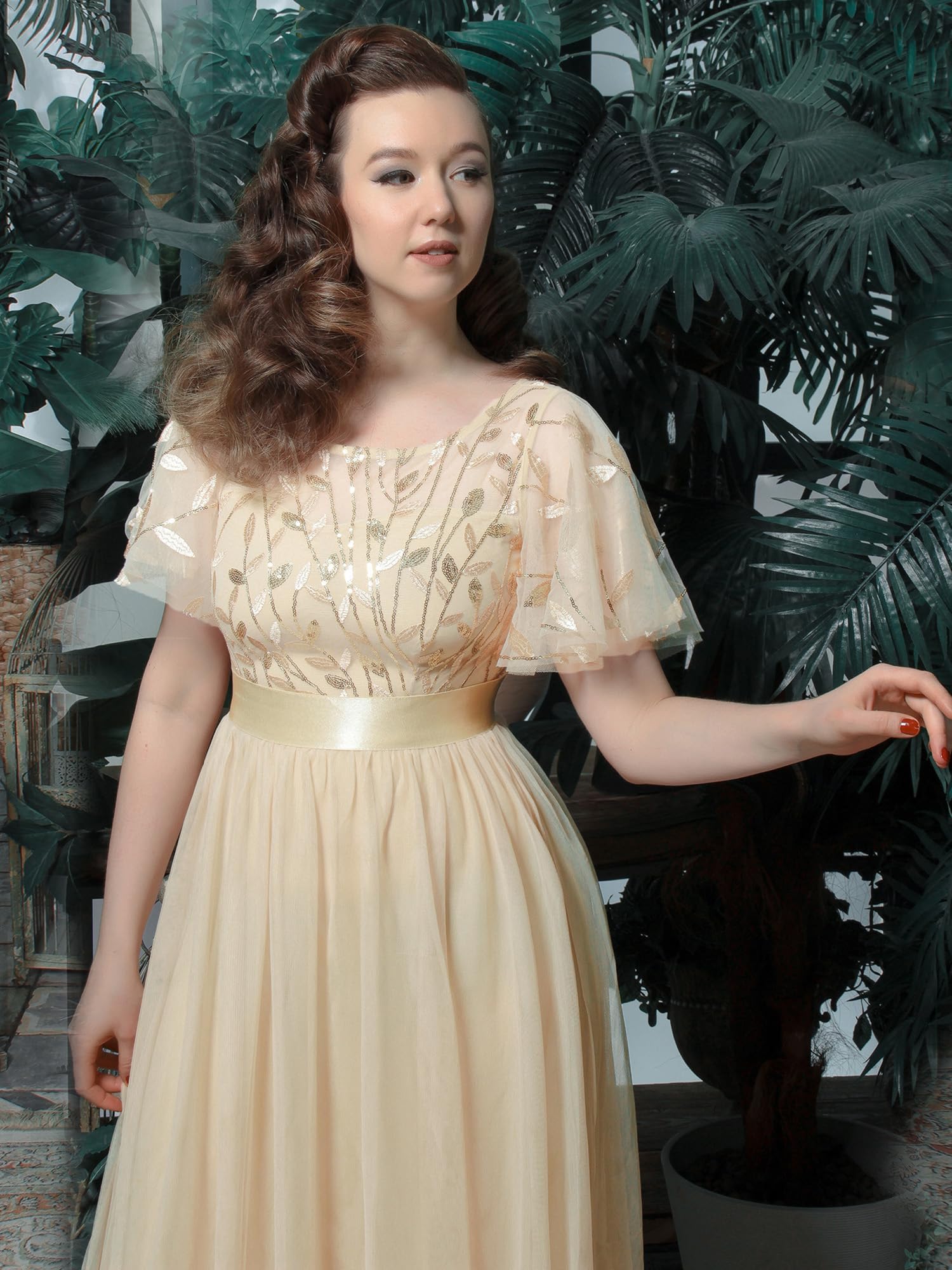 Ever-Pretty Women's Custom Sequin Embroidery Curvy Round Neck High Waist Ruffles Sleeves Long Formal Dresses Gold 9XL