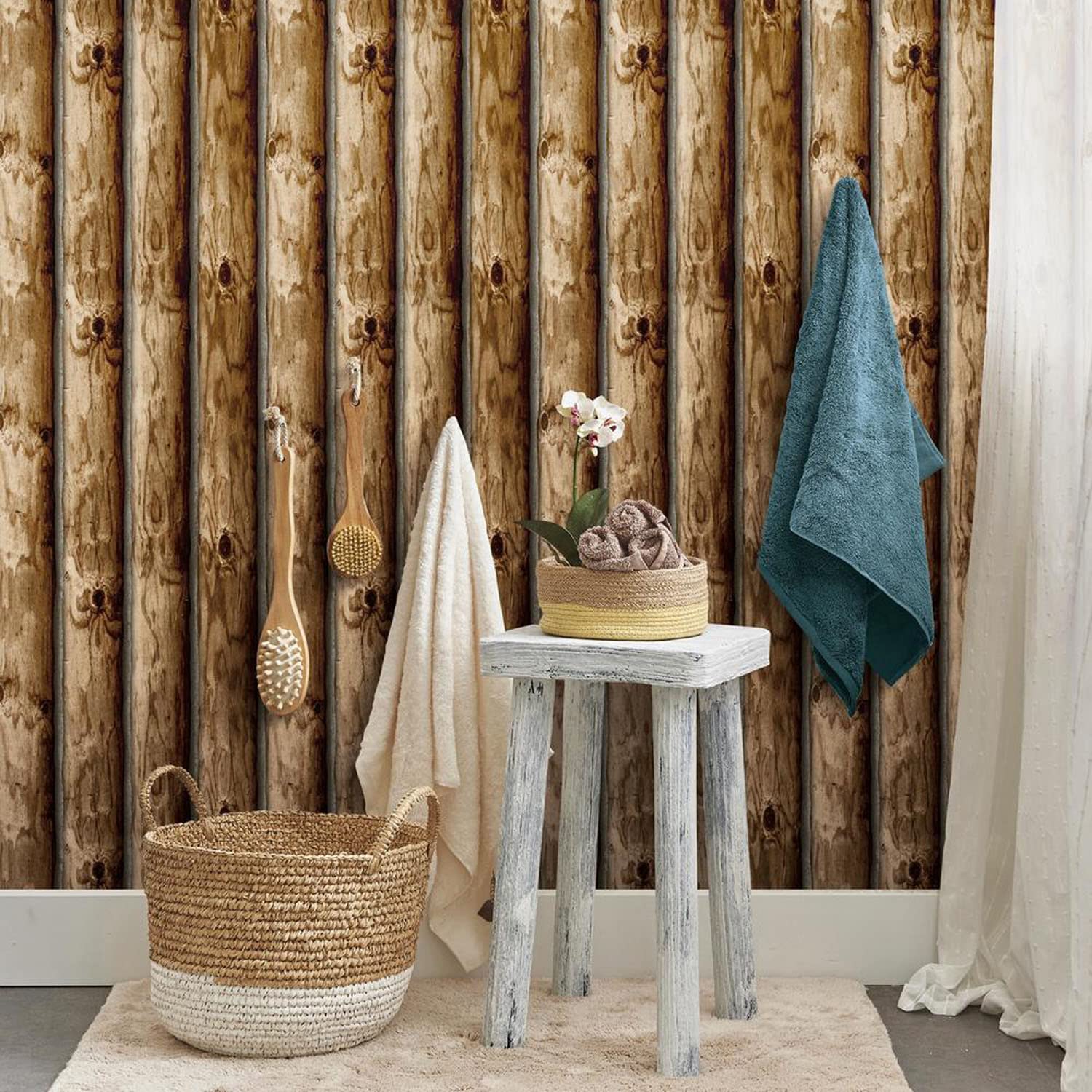 RoomMates RMK11308WP Brown Cabin Logs Peel and Stick Wallpaper