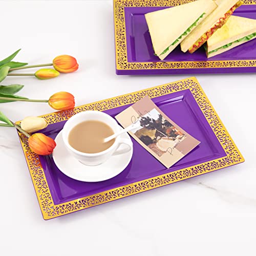 U-QE 8 Pack Rectangle Plastic Serving Tray - Purple & Gold Rim Disposable Serving Trays and Platters for Food - Platters for Serving Food - Party, Wedding, Dessert Table, Cupcake display - 13x8 inches