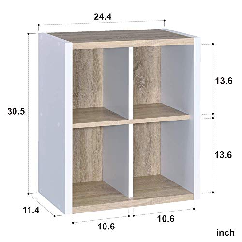 DIY Two-Color 4-Grid Storage Bookcase, 1.18 inch Thick Plywood Stackable Bookshelf Organizer for Living Room, Home and Office, Light Brown