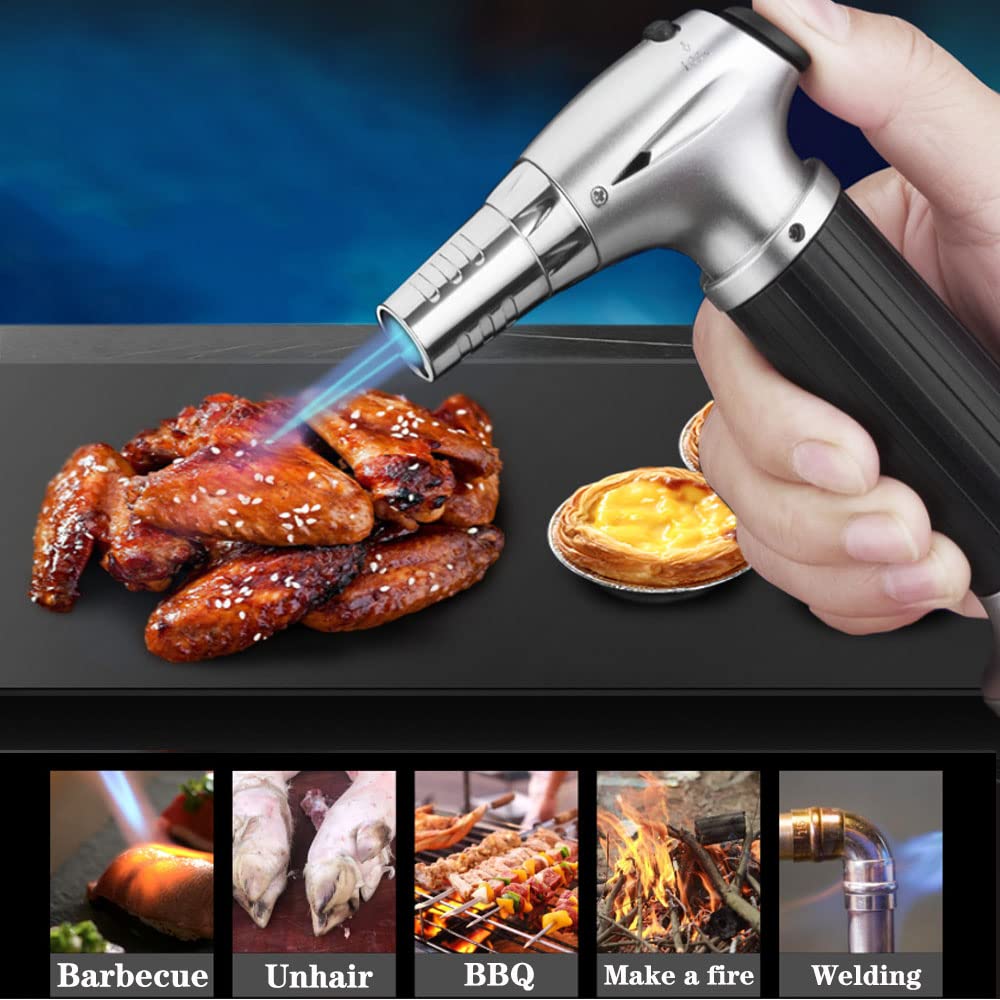 ibforcty Butane Torch, Refillable Culinary Cooking Torch Kitchen Blow Torch Lighter with Safety Lock Adjustable and Lock Flame (Butane Gas not Included) (Blue+Red)