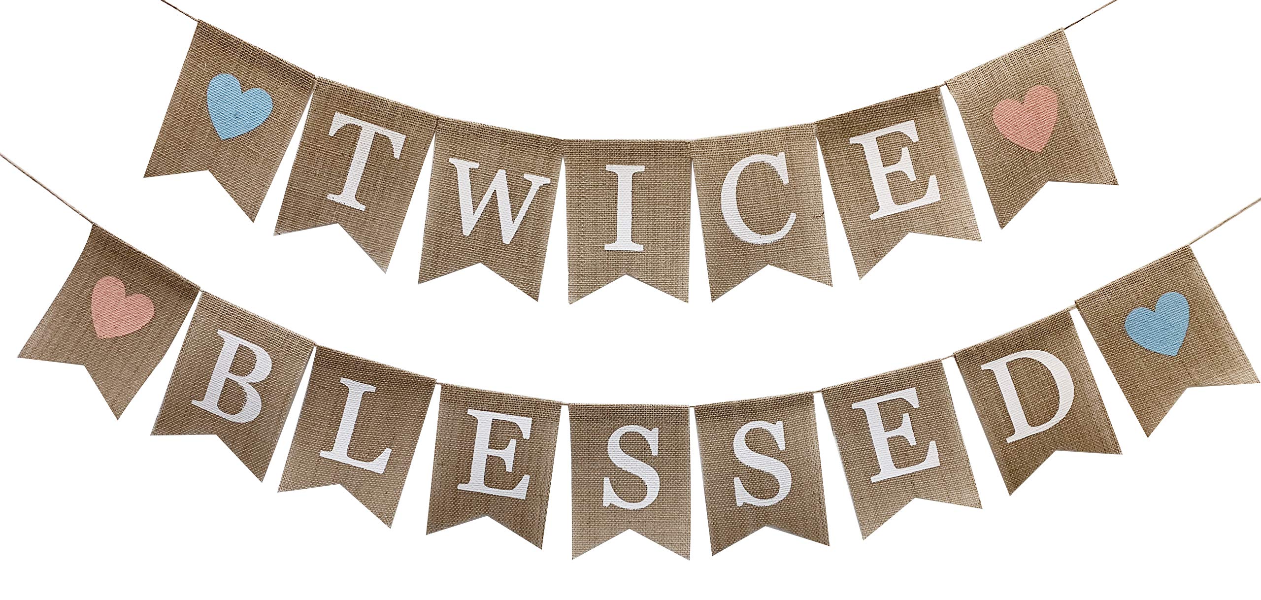 Rustic Burlap Twice Blessed Banner,Twins Baby Shower Gender Reveal Party Supplies and Decorations,Pregnancy Photo Prop,Twin Boys Girls Bunting for Nusery Room Decor