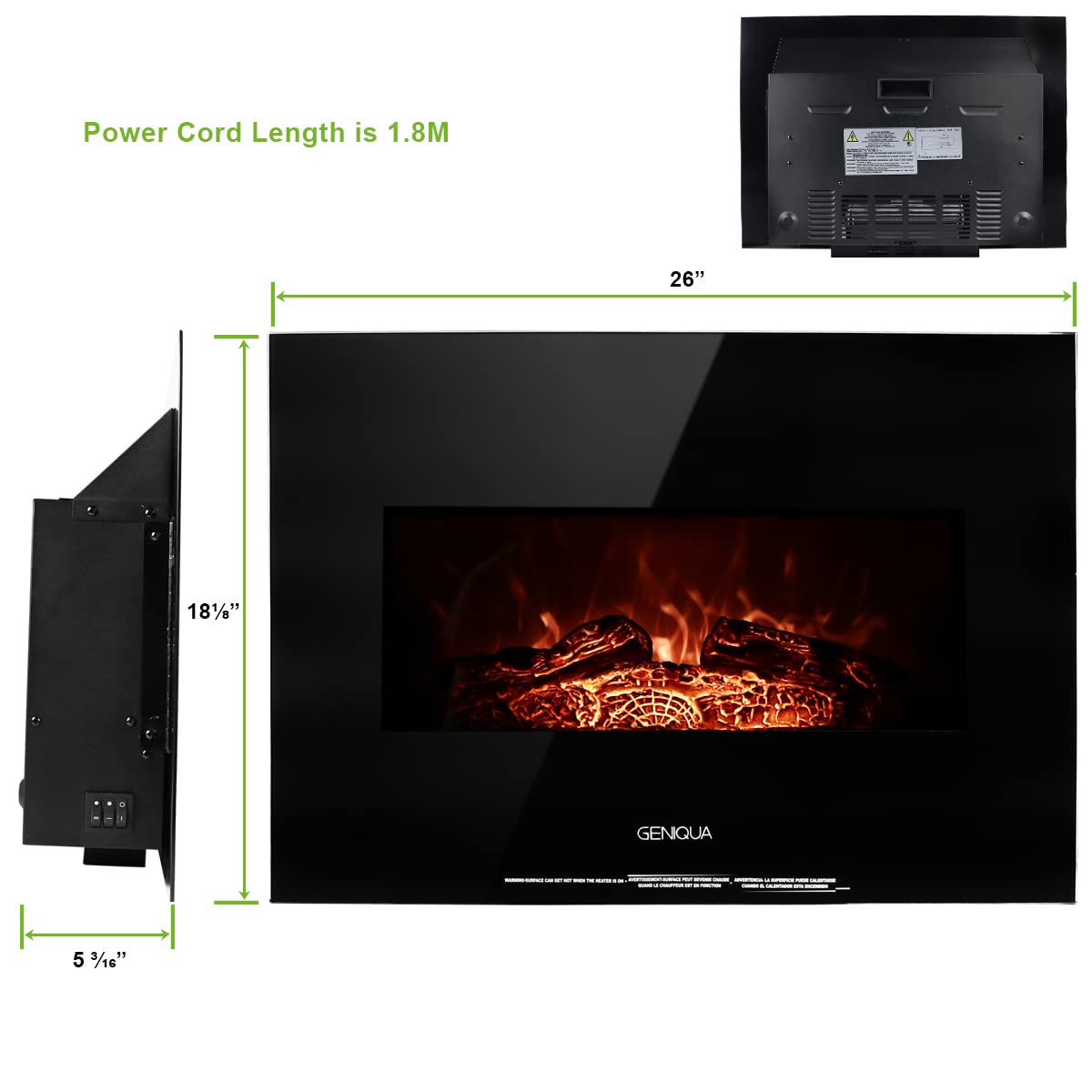 Geniqua 26" Wall Mounted Electric Fireplace Heater Adjustable 700w/1400w Log LED Flame Indoor Home Living Room Office Furniture