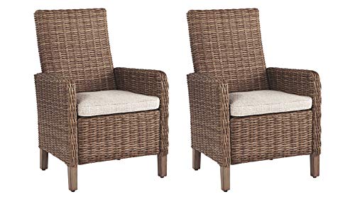 Signature Design by Ashley Beachcroft Outdoor Left & Right Arm Facing Wicker Patio Loveseats, Brown & Beige & Beachcroft Wicker Arm Chair with Cushion, 2 Count, Brown