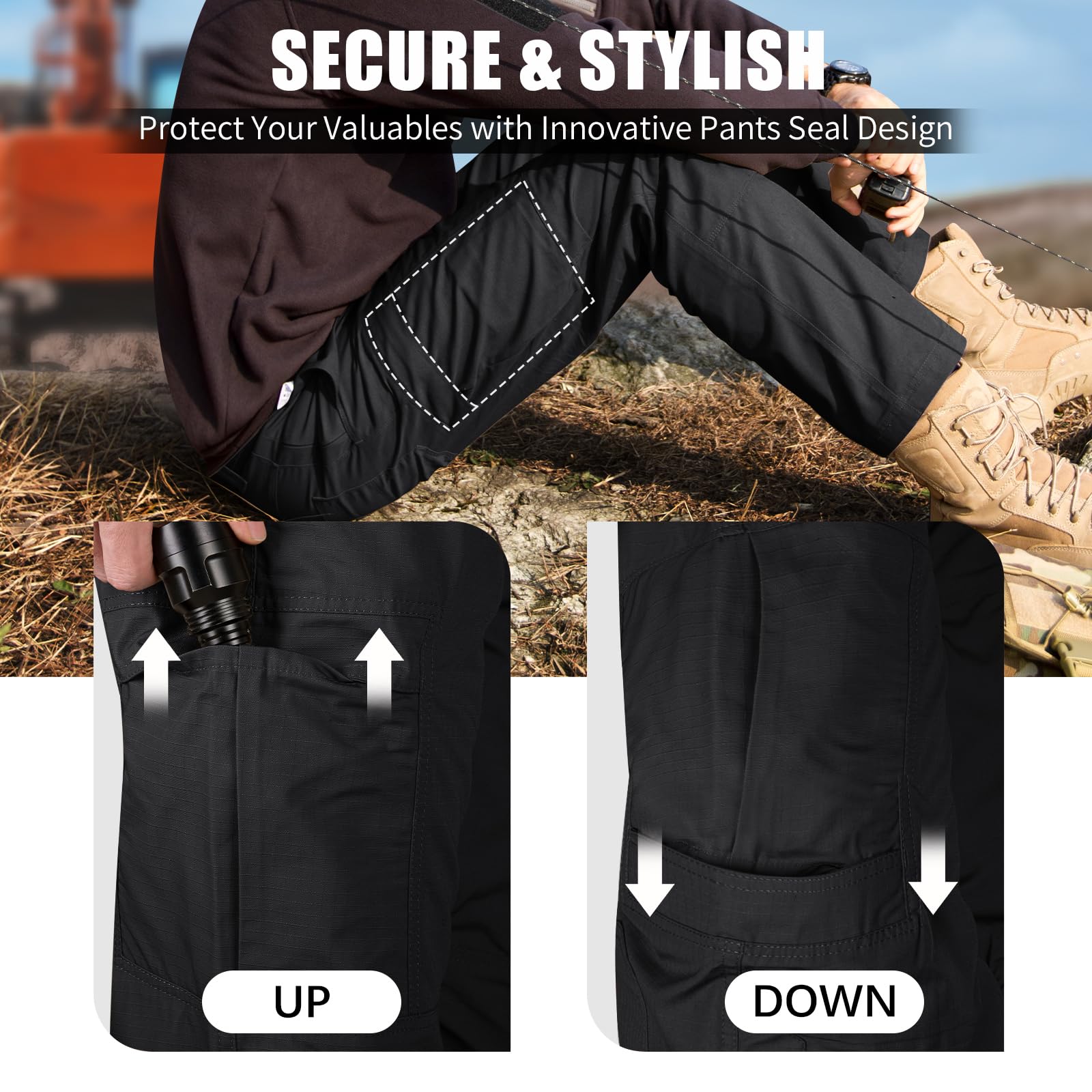 FREE SOLDIER Men's Water Resistant Pants Relaxed Fit Tactical Combat Army Cargo Work Pants with Multi Pocket (Classic Black Color 34W/32L)