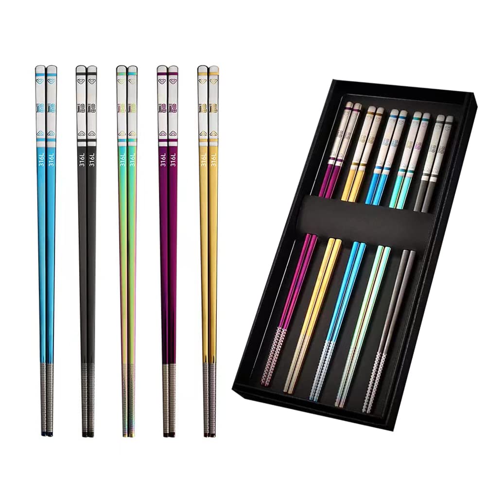 Hvanam 5 PaIrs Color 316 Stainless Steel 18/10 Reusable Chopsticks Set With Case Rainbow Multicolor Non-Slip Chopsticks Black Purple Gold Colored Blue For Dining Sushi Noodle Hot Pot,Dishwasher Safe