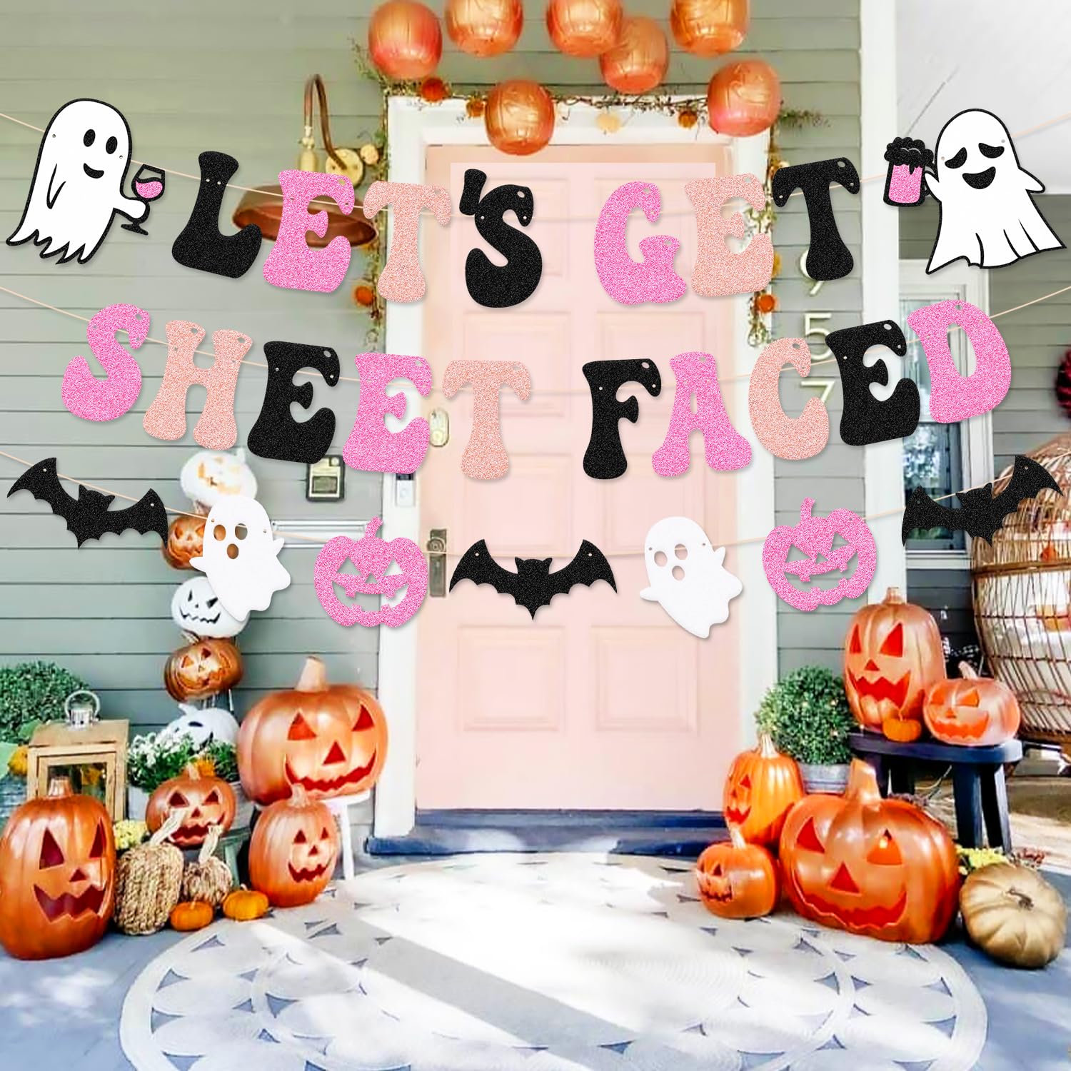 Let's Get Sheet Faced Banner Halloween Decoration Pink Hallow Banner Spooky Ghost Backdrop Boo Bat Pumpkin Haunted House Witch Poison Bar Theme Party Decor