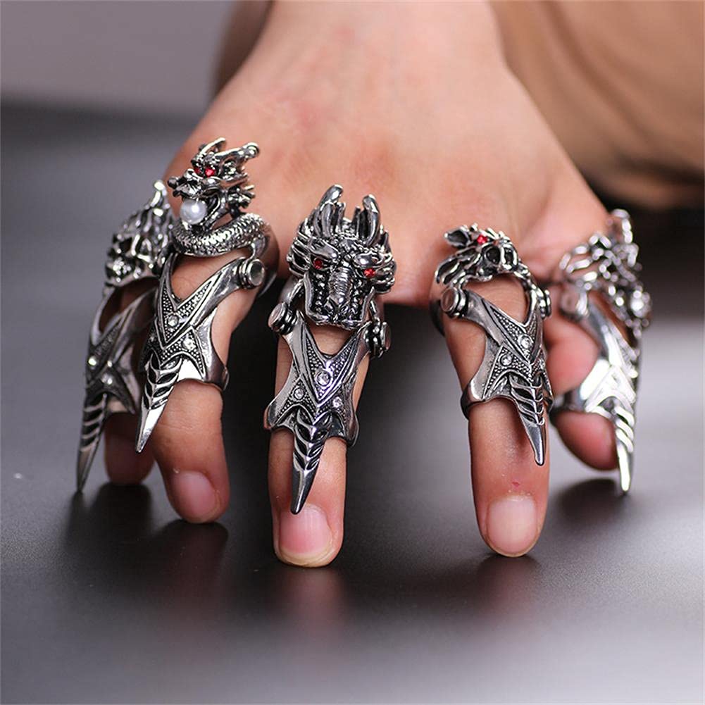 Dragon Knuckle Joint Full Finger Double Ring Punk Gothic Armour Cool Animal Dragon Claw Hinged Loop Activity Rings for Women Men Halloween Cosplay Costume Accessories Jewelry-D