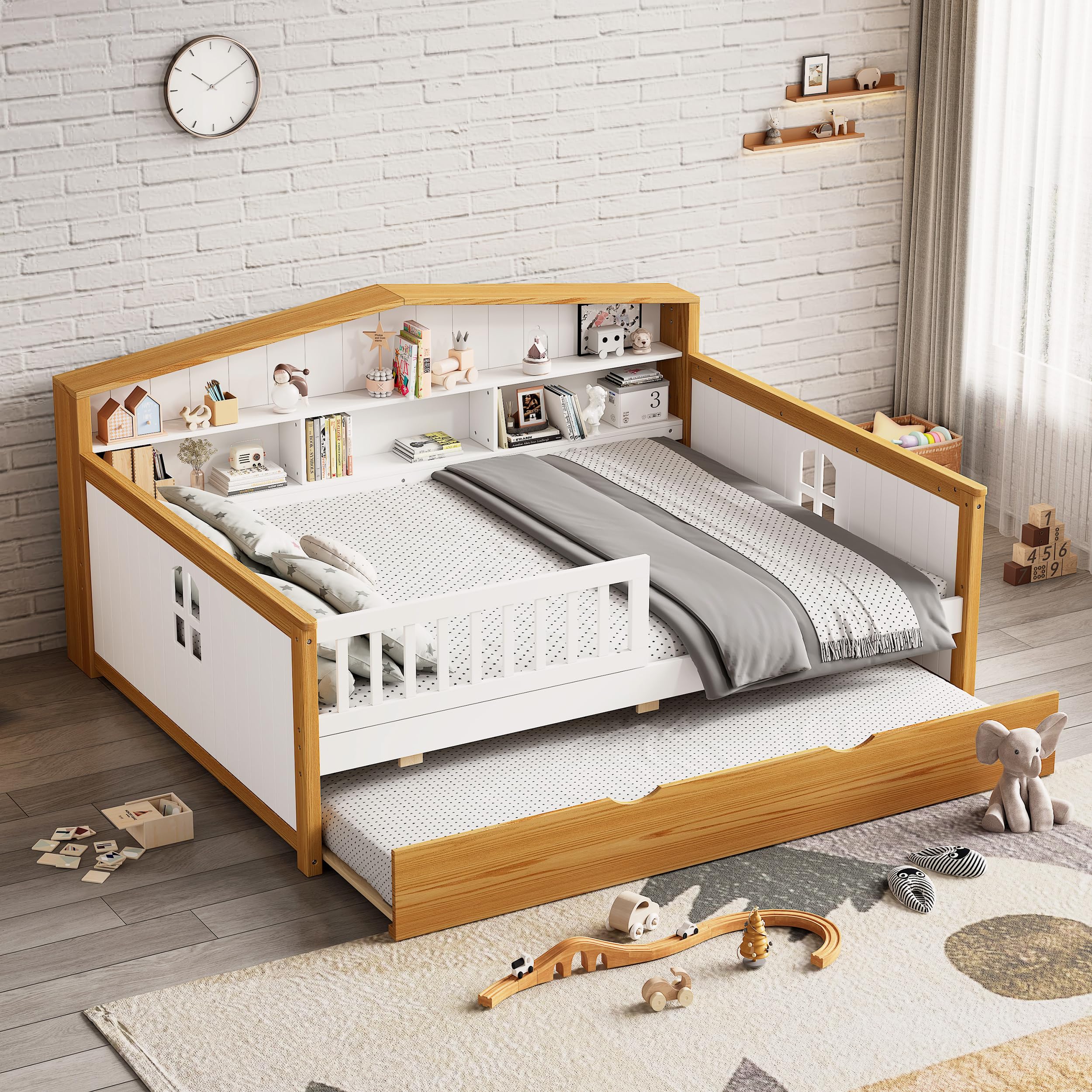 MERITLINE Full Size Daybed with Trundle and Bookcase Headboard, Wood Daybed Sofa Bed with Charming House-Shaped Design,Kids Bed Frames with Windows and Safety Rails,Walnut and White
